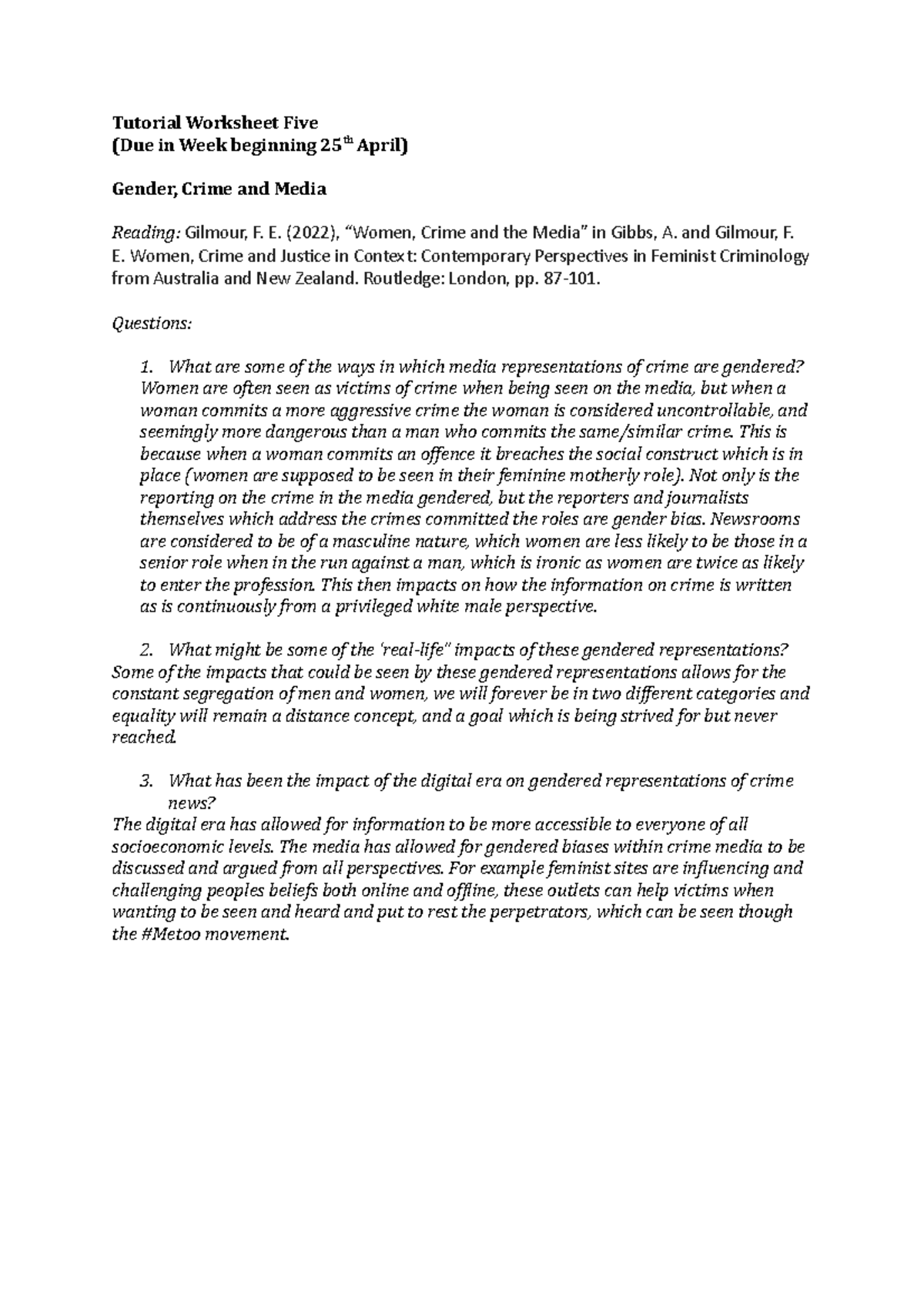 Tutorial Worksheet Five - E. (2022), “Women, Crime and the Media” in ...