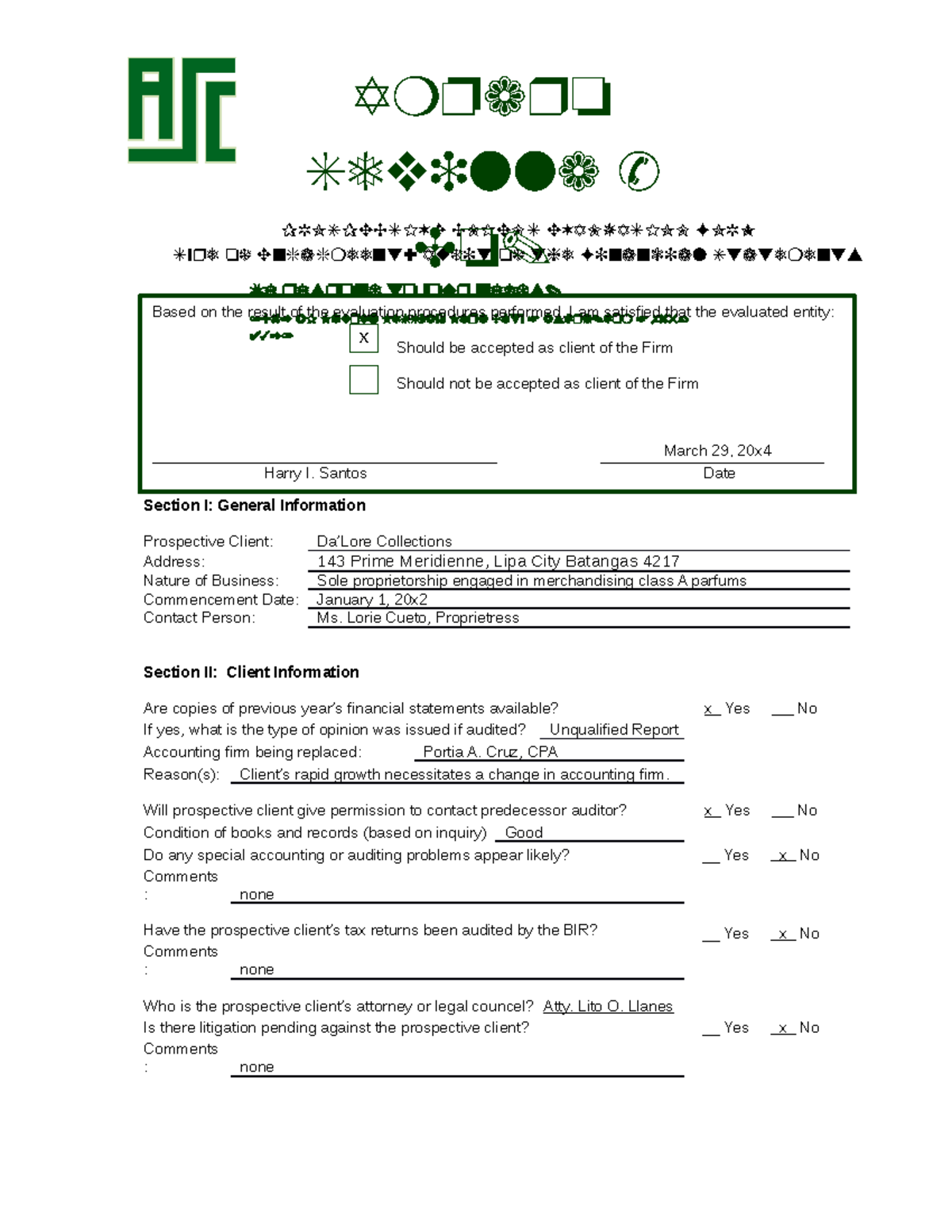 Wp2 - Accountancy Activity - PROSPECTIVE CLIENT EVALUATION FORM ...