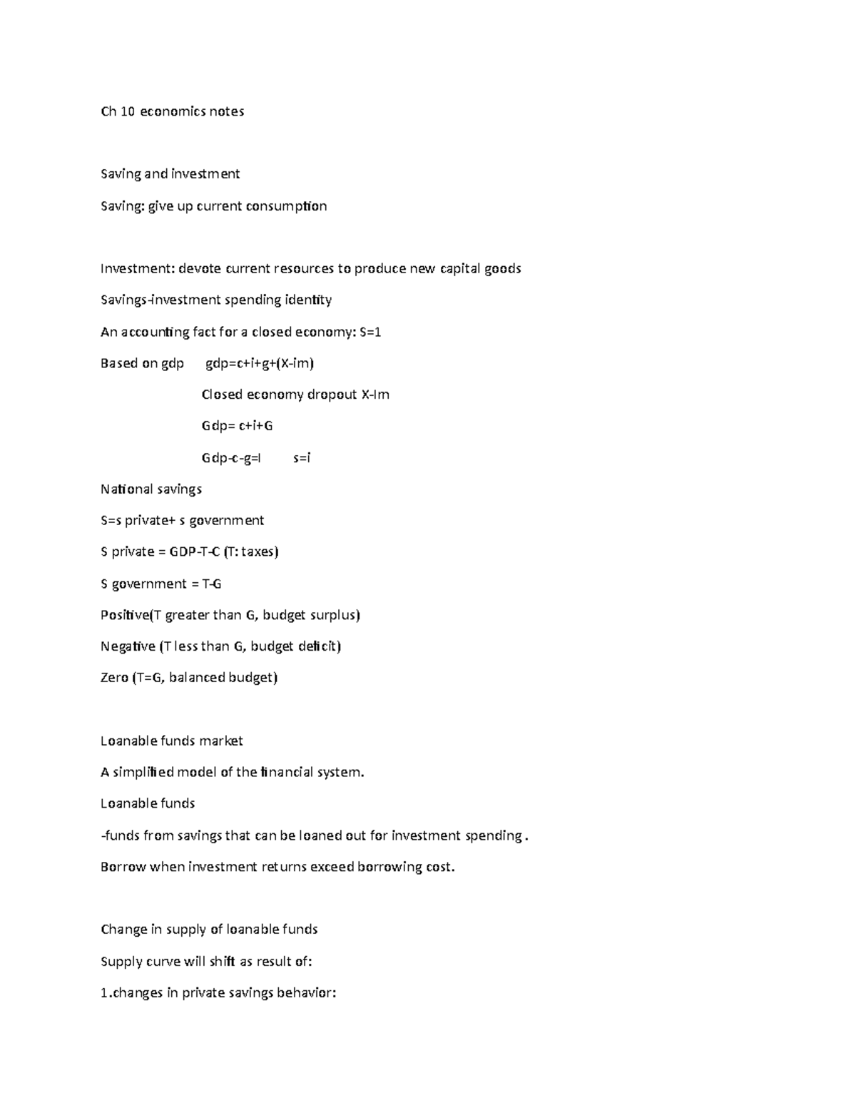 Econ notes - Ch 10 economics notes Saving and investment Saving: give ...