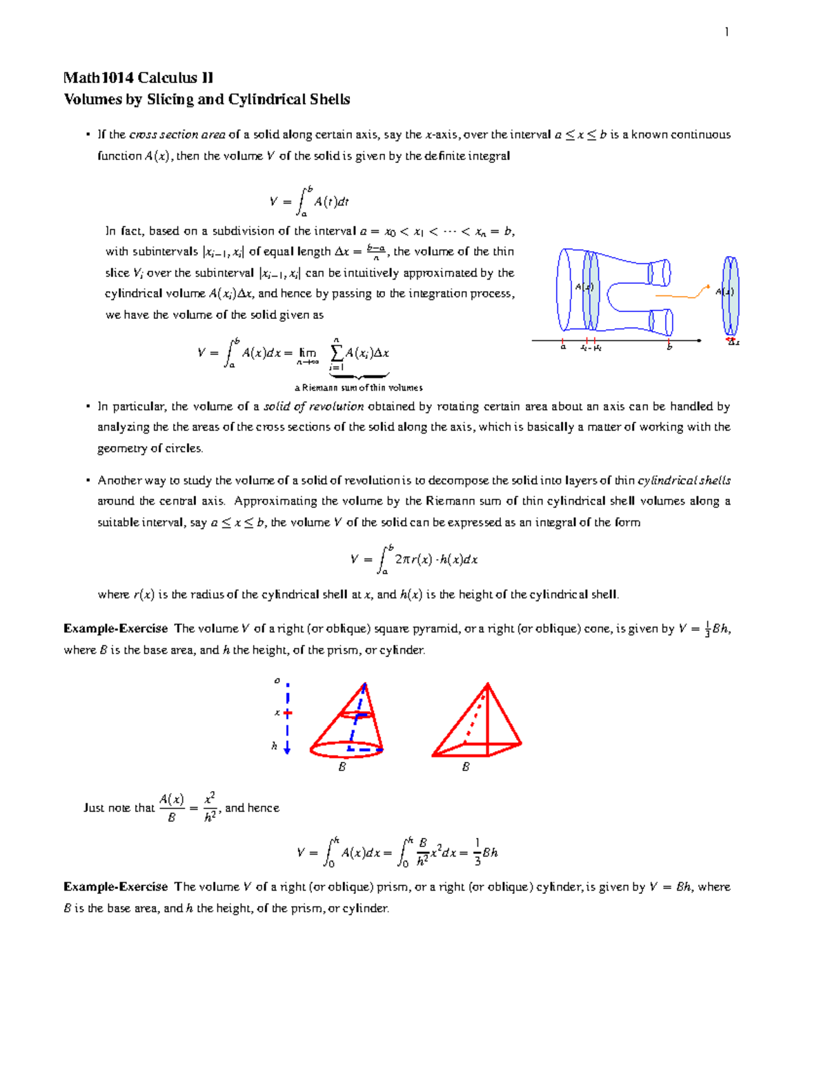 Week 2 volumes - Lecture note - Math1014 Calculus II Volumes by Slicing and Cylindrical Shells ...