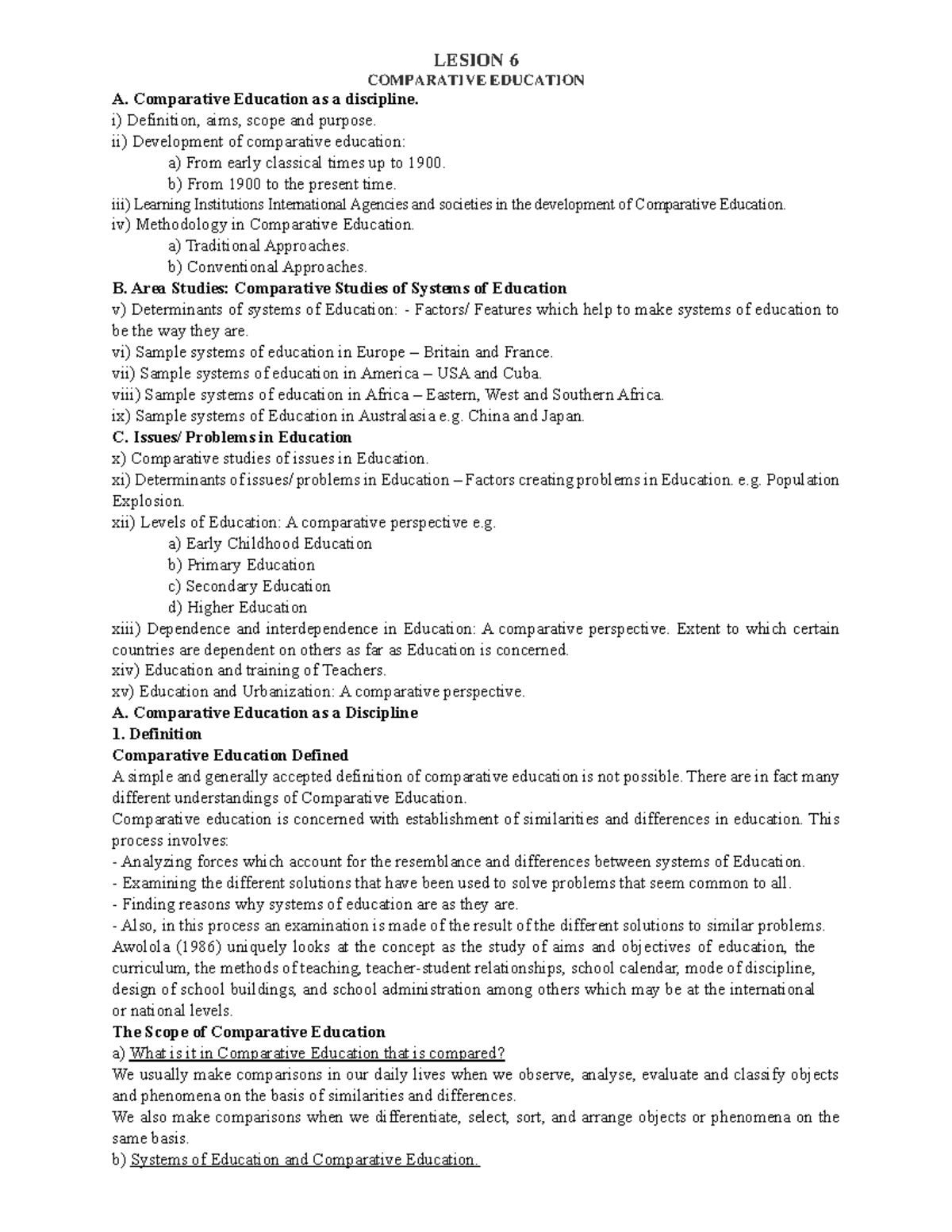 EDFO 211 Lesson 6 SEM 2 2024 - LESION 6 COMPARATIVE EDUCATION A. Comparative Education as a ...