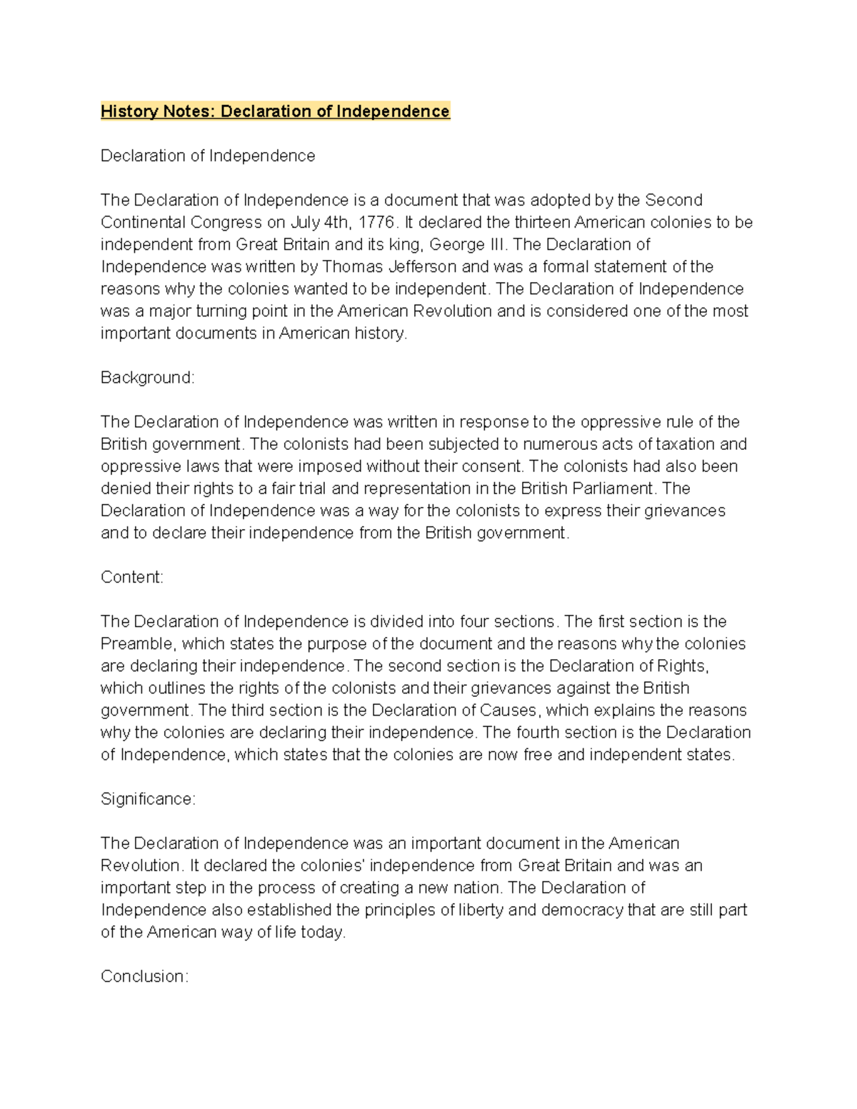 History AP (16) - History Notes: Declaration of Independence ...