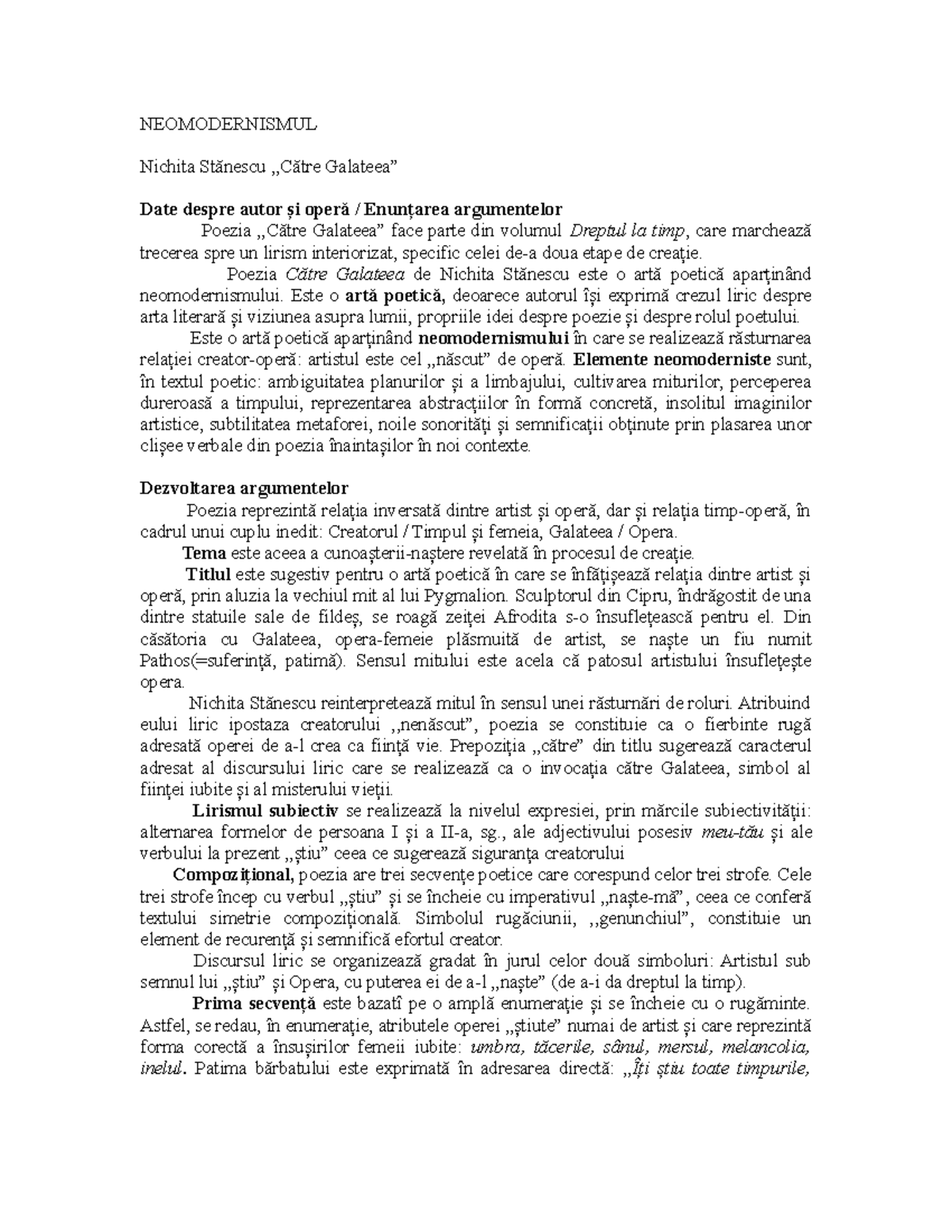 Neomodernismul - NEOMODERNISMUL Nichita Stănescu ,,Către Galateea” Date ...