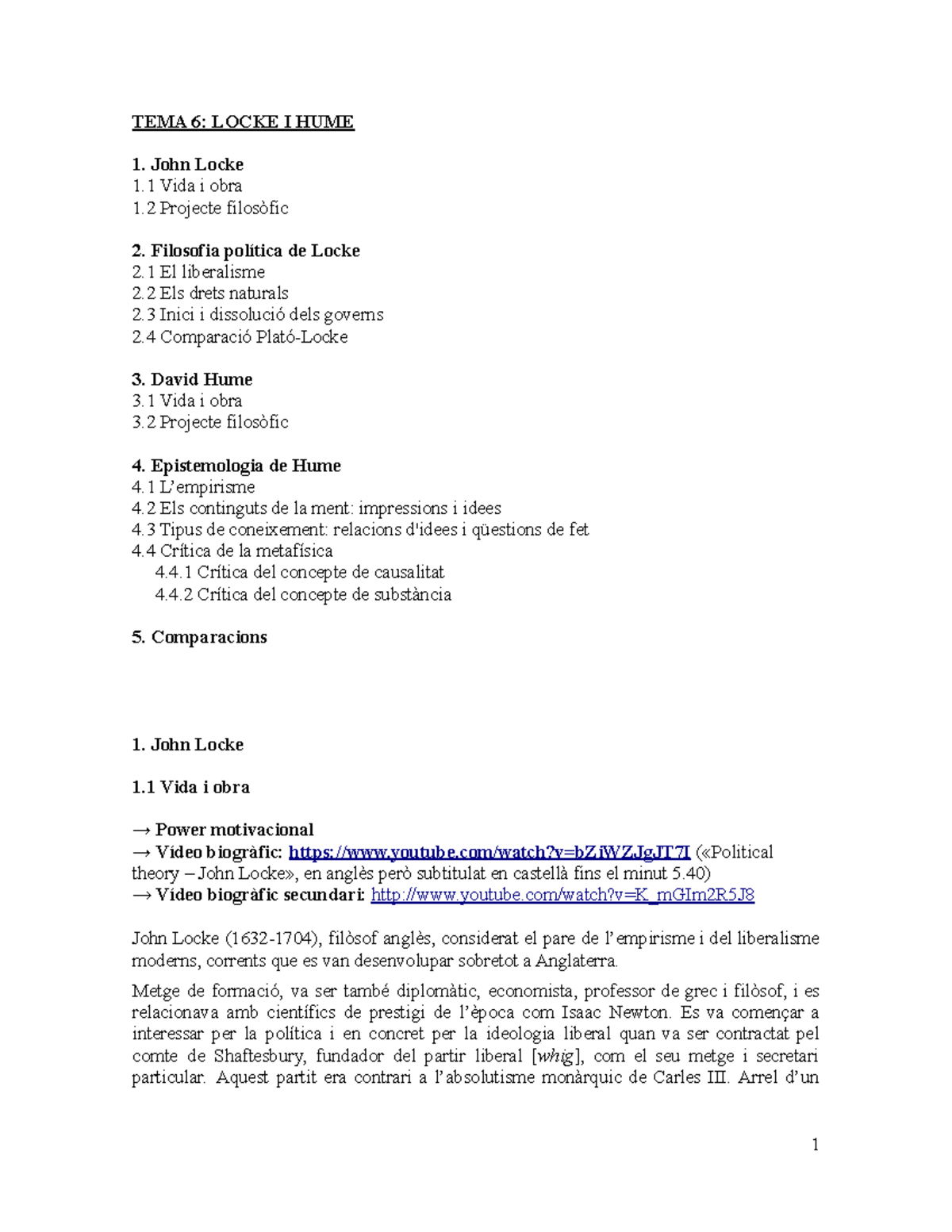 Locke I HUME - Apunts - TEMA 6: LOCKE I HUME 1. John Locke 1 Vida i obra 1 Projecte filosòfic 2 ...