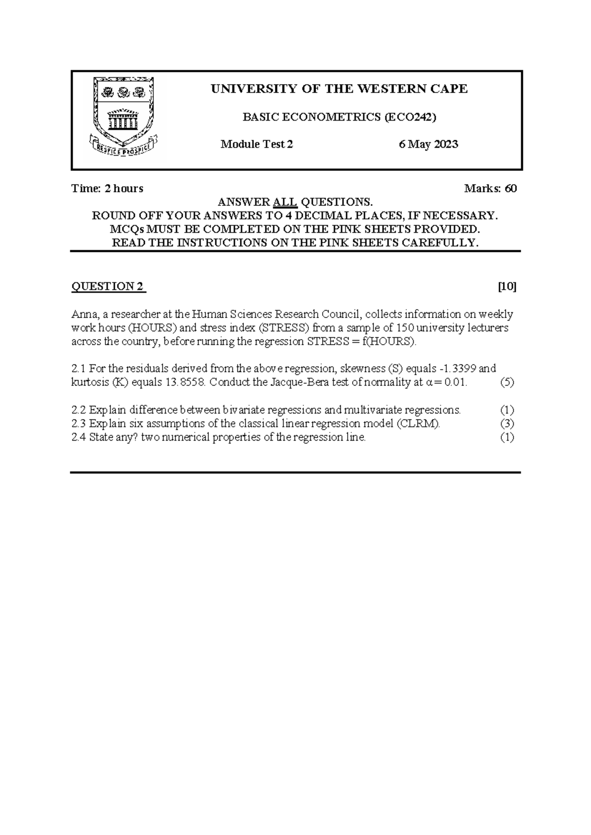 2023 Module Test 2 Preliminary - Time: 2 hours Marks: 60 ANSWER ALL ...