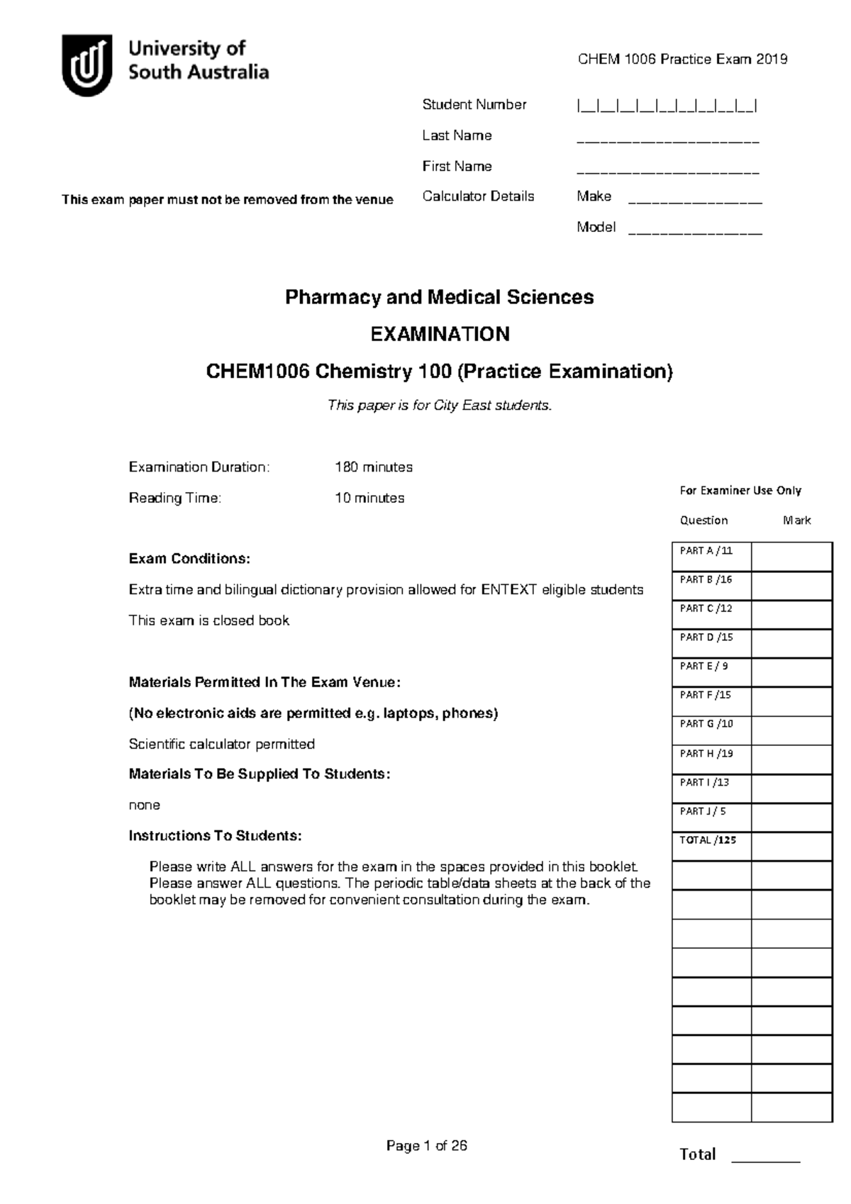 CHEM 1006 - Chemistry 100 Practice Exam 2019 - Page 1 of 26 Pharmacy ...