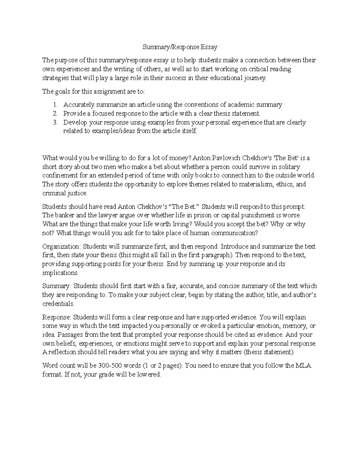 Summary Response Essay - Summary/Response Essay The purpose of this ...