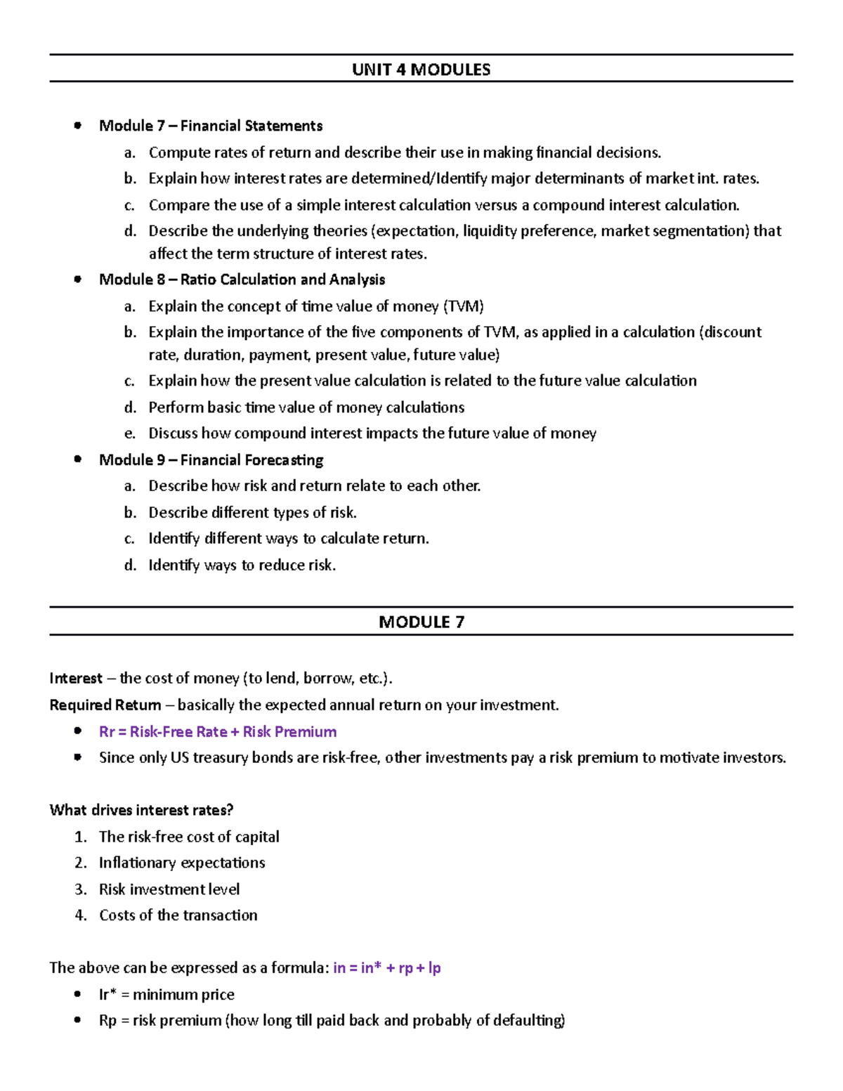 Unit 4 - Interest Rates, TVM, Risk and Return - UNIT 4 MODULES Module 7 ...