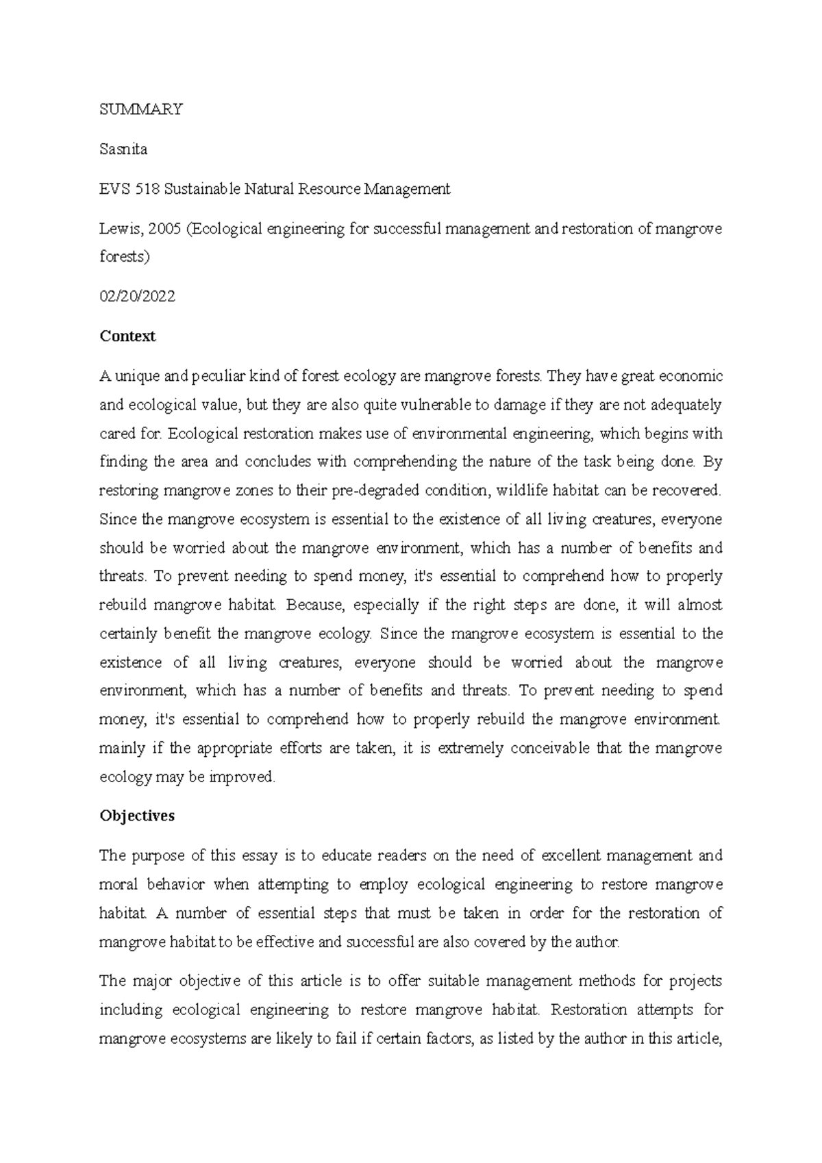 Summary 1 - example of summarizing. - SUMMARY Sasnita EVS 518 Sustainable Natural Resource - Studocu