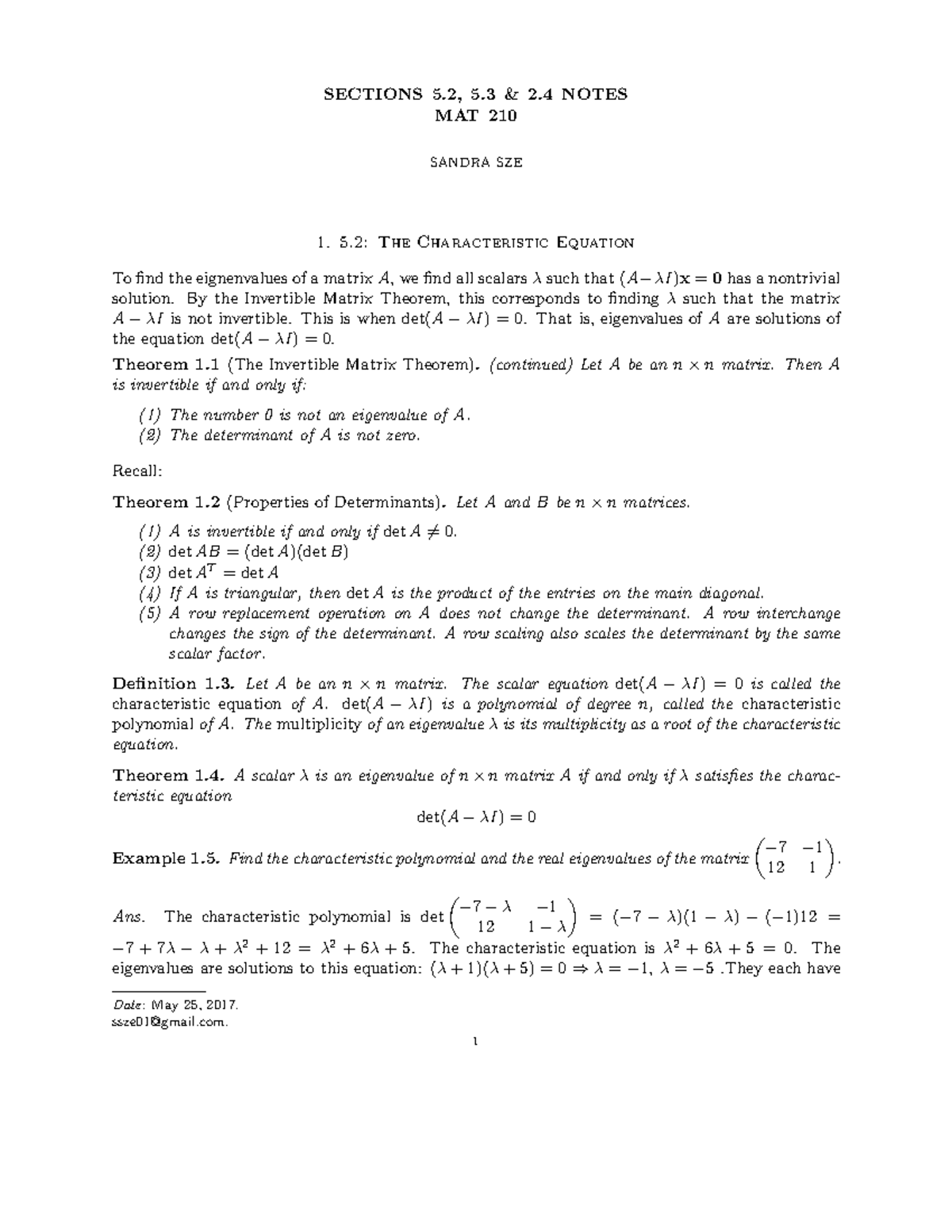 5.2-5.3, 3.3 Notes - SECTIONS 5, 5 & 2 NOTES MAT 210 SANDRA SZE 1. 5 ...