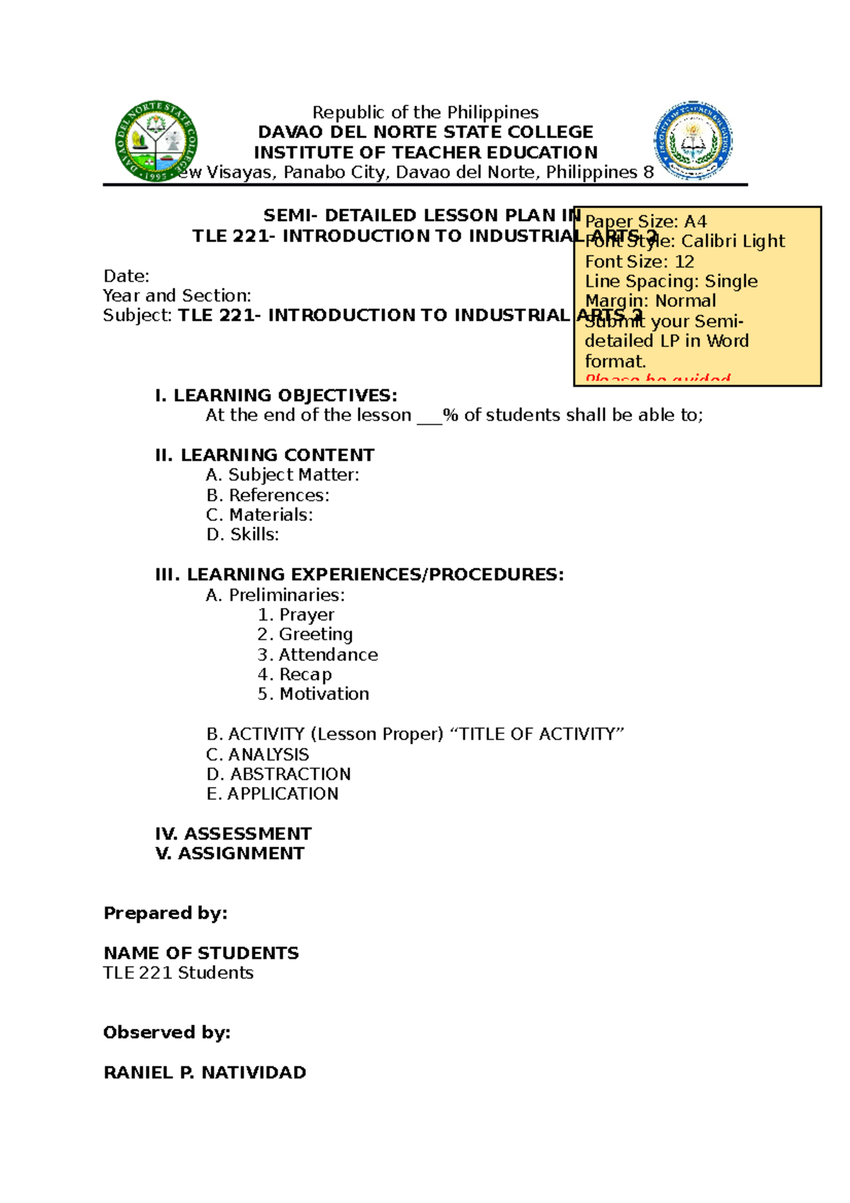 TLE 221 SEMI Detailed LP Format 2 - Republic of the Philippines DAVAO ...