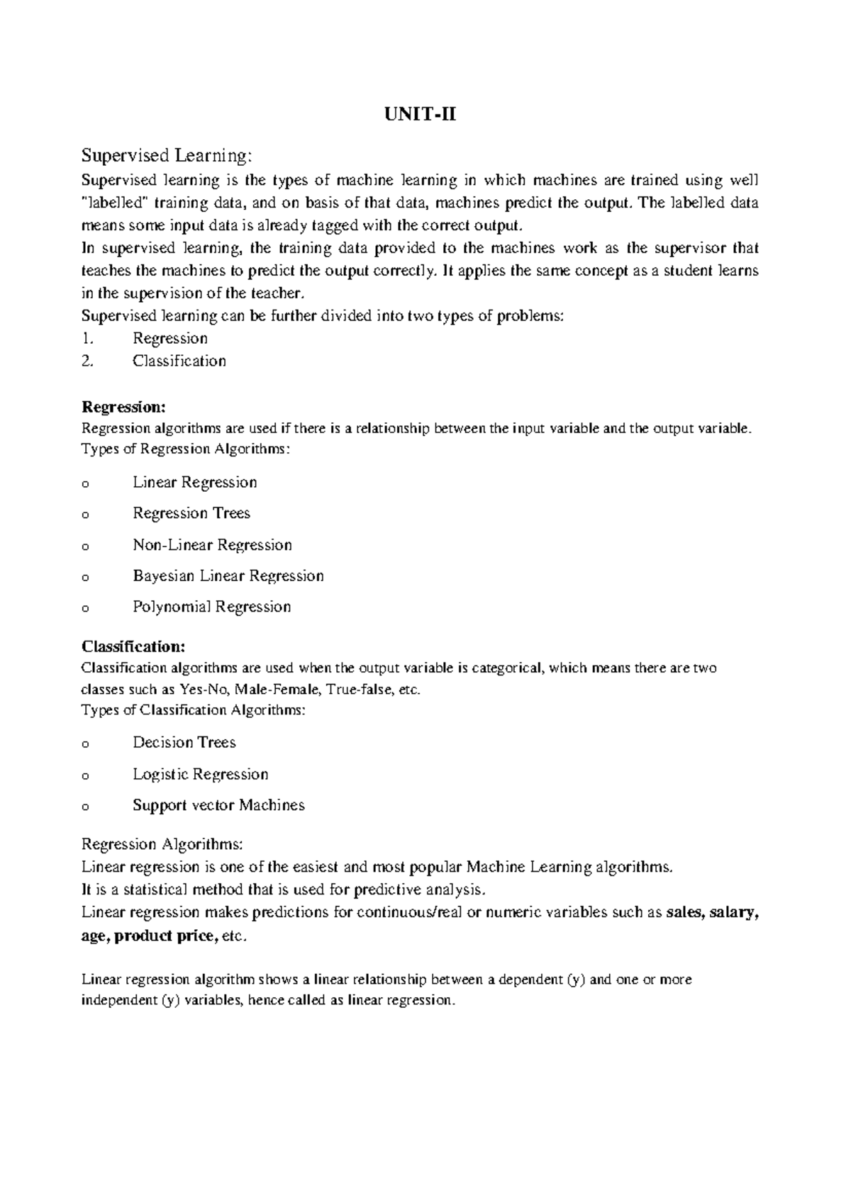 Ml Unit Ii For Autonomous College Unit Ii Supervised Learning Supervised Learning Is The