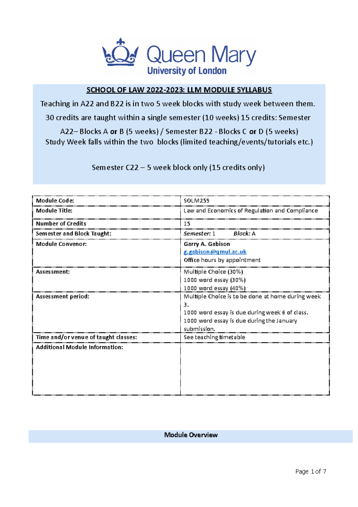 SOLM259 Law and Economics of Regulation and Compliance 2022 - SCHOOL OF ...
