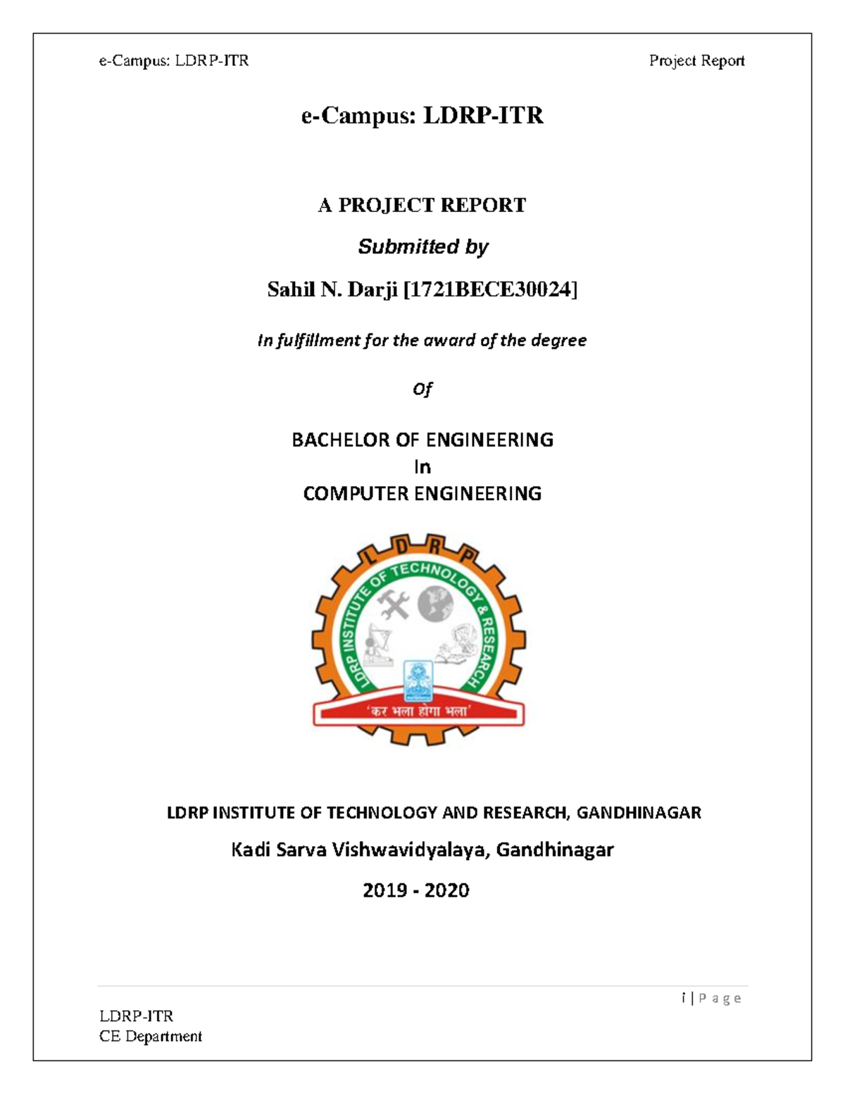 Final-SE project report - i | P a g e LDRP-ITR e-Campus: LDRP-ITR A PROJECT REPORT Submitted by ...