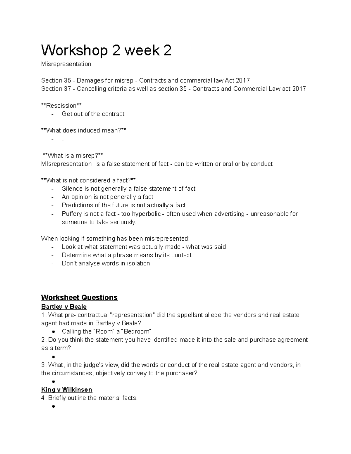 Contracts Workshop 2 week 2 - Workshop 2 week 2 Misrepresentation ...