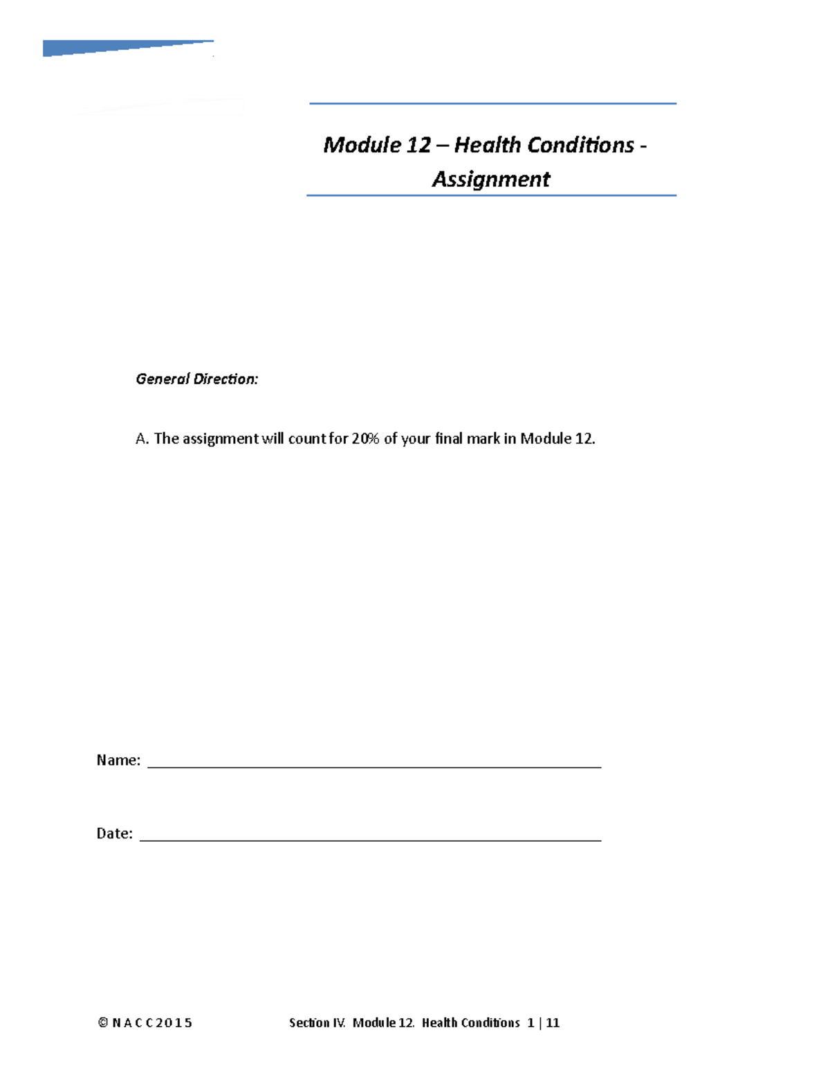 Assignment - Module 12 Health Conditions - FMPR 341 - Concordia - Studocu