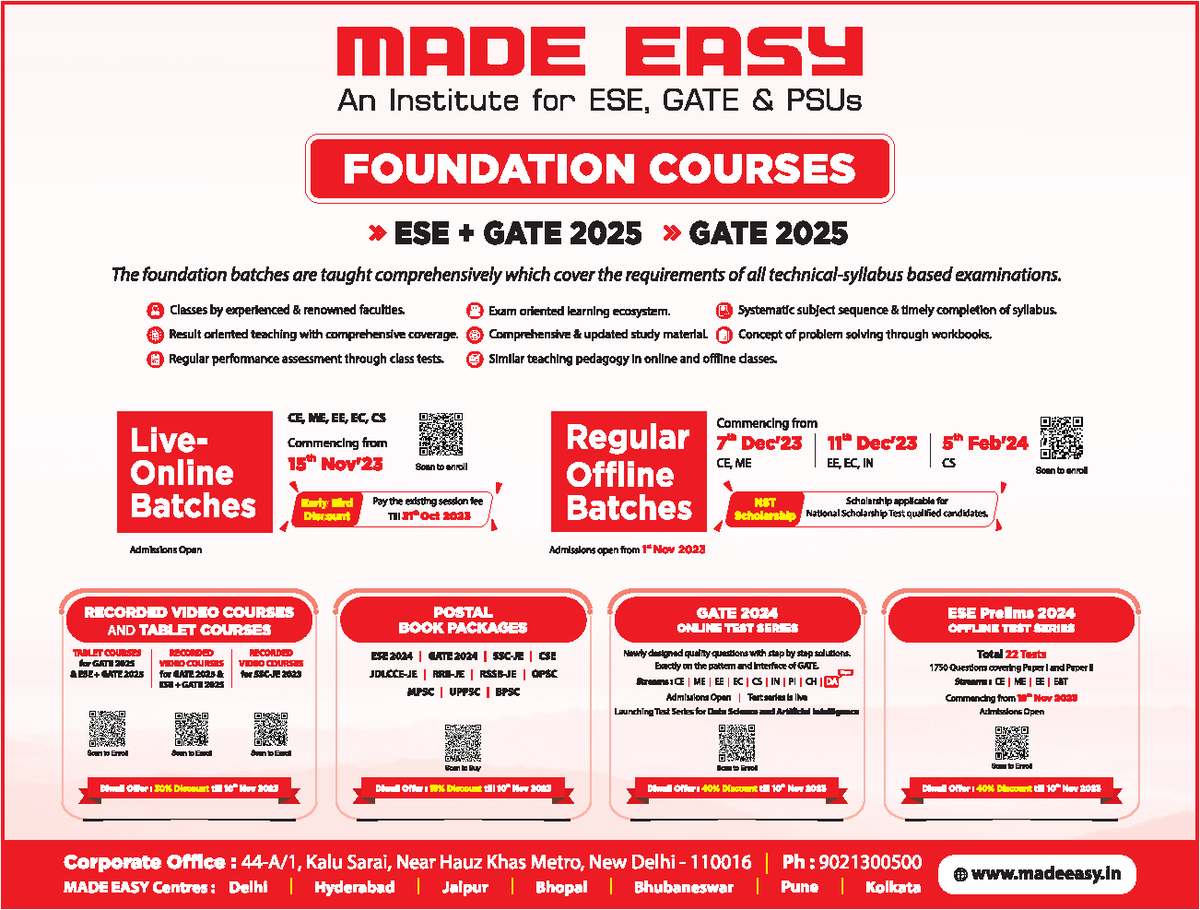 MADE EASY New Batch ESE & GATE 2025 - MADE EASY An Institute for ESE, GATE PSUs FOUNDATION ...