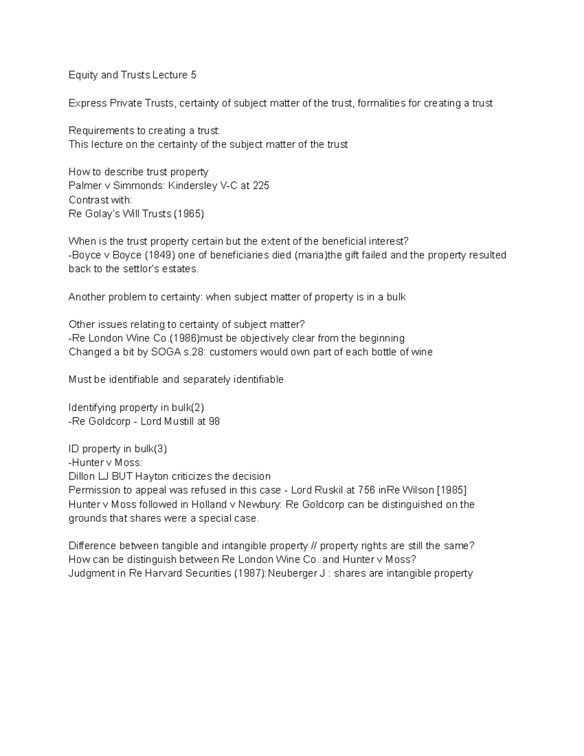 ET 5 certainty of subject matter - Equity and Trusts Lecture 5 Express Private Trusts, certainty ...