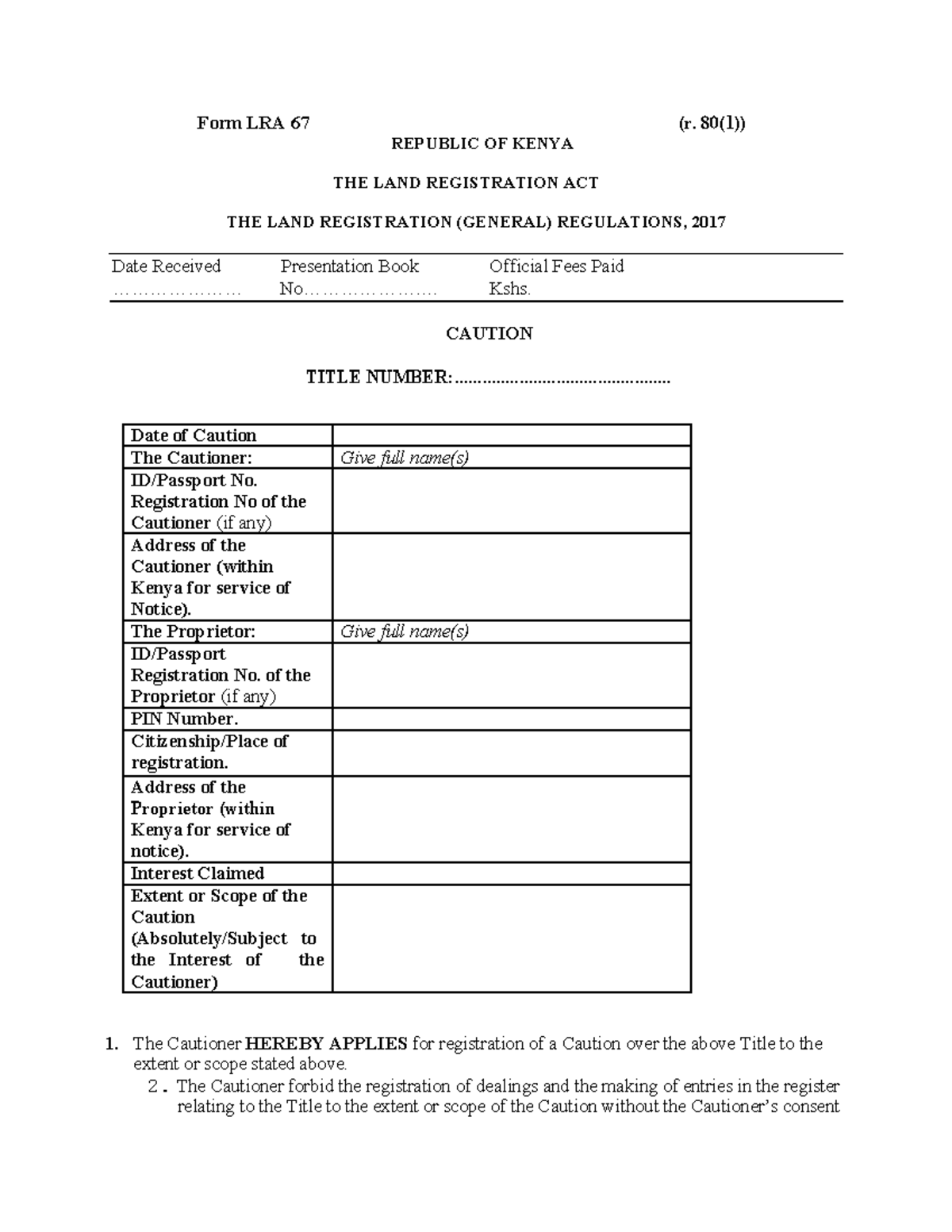 21.06.24.Form-LRA-67 - FOR Registration OF Caution - Form LRA 67 (r. 80 ...