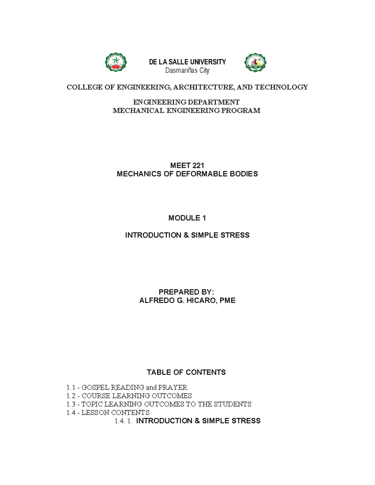 Mech.-of-Def - mdb - DE LA SALLE UNIVERSITY Dasmariñas City COLLEGE OF ...