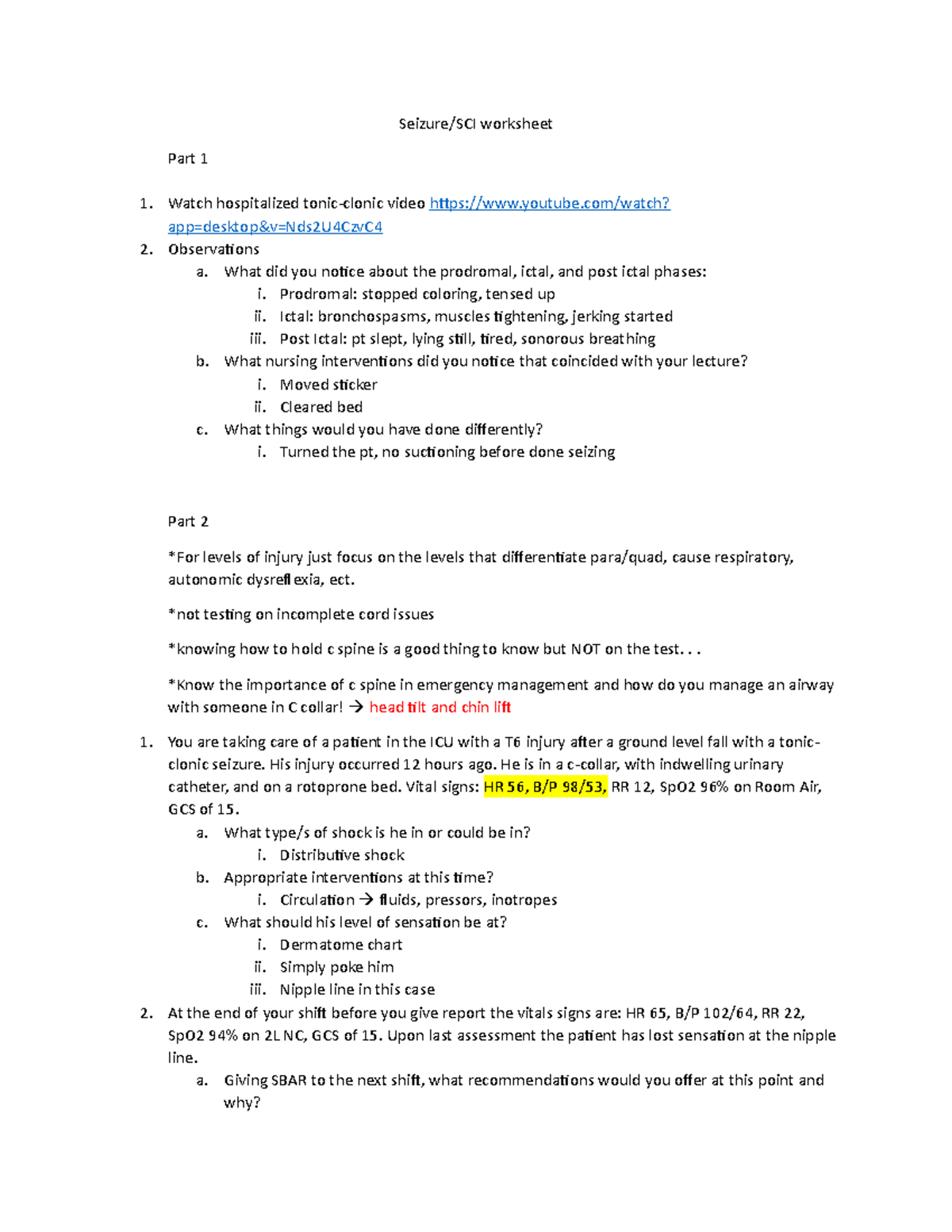 Seizure SCI worksheet - in class work - Seizure/SCI worksheet Part 1 ...