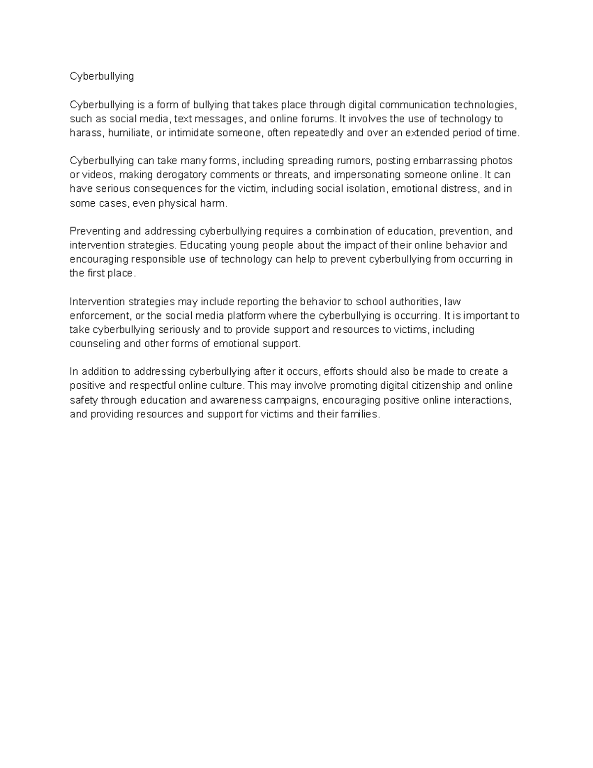 Cyberbullying - Cyberbullying Cyberbullying is a form of bullying that ...
