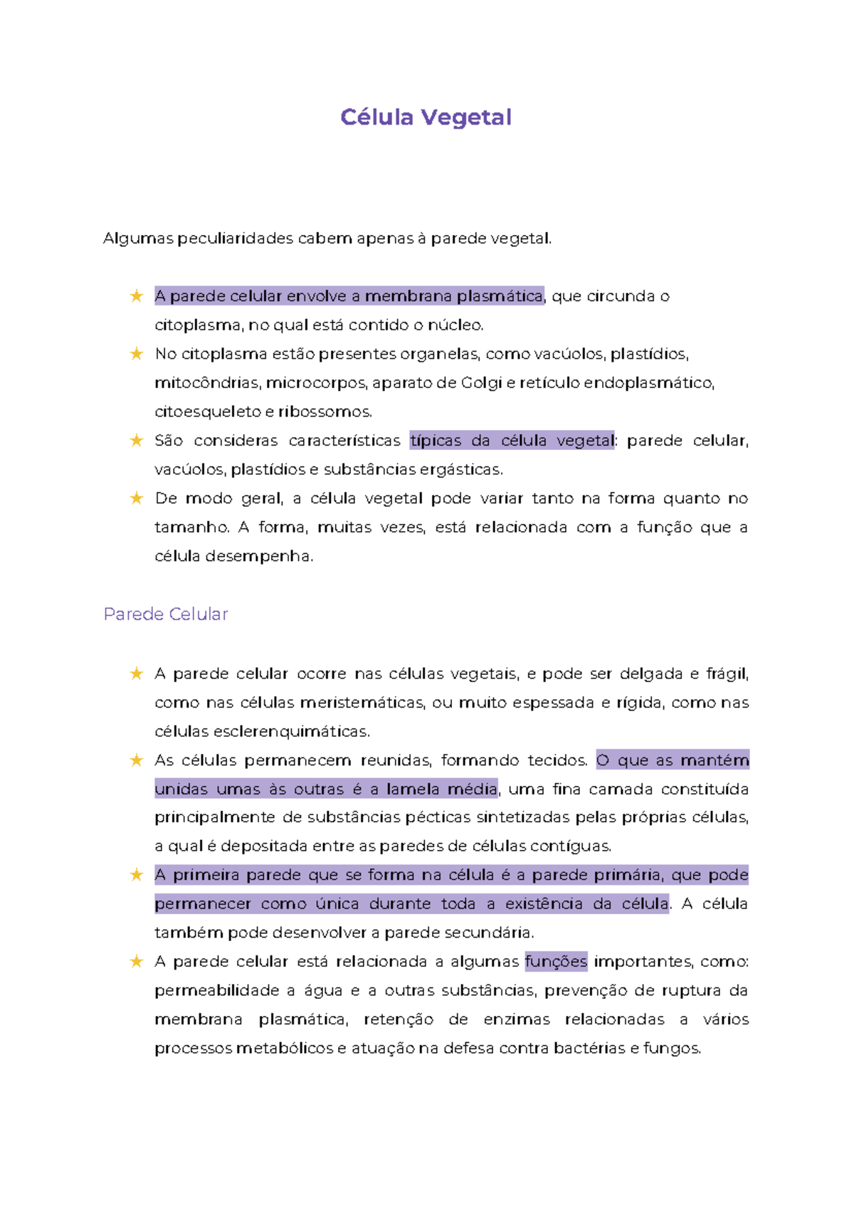 Resumo de Anatomia Vegetal - Célula Vegetal Algumas peculiaridades ...