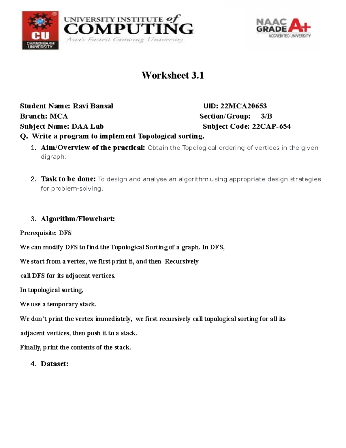 22MCA20249 DAA 3 - Worksheet - Worksheet 3. Student Name: Ravi Bansal ...