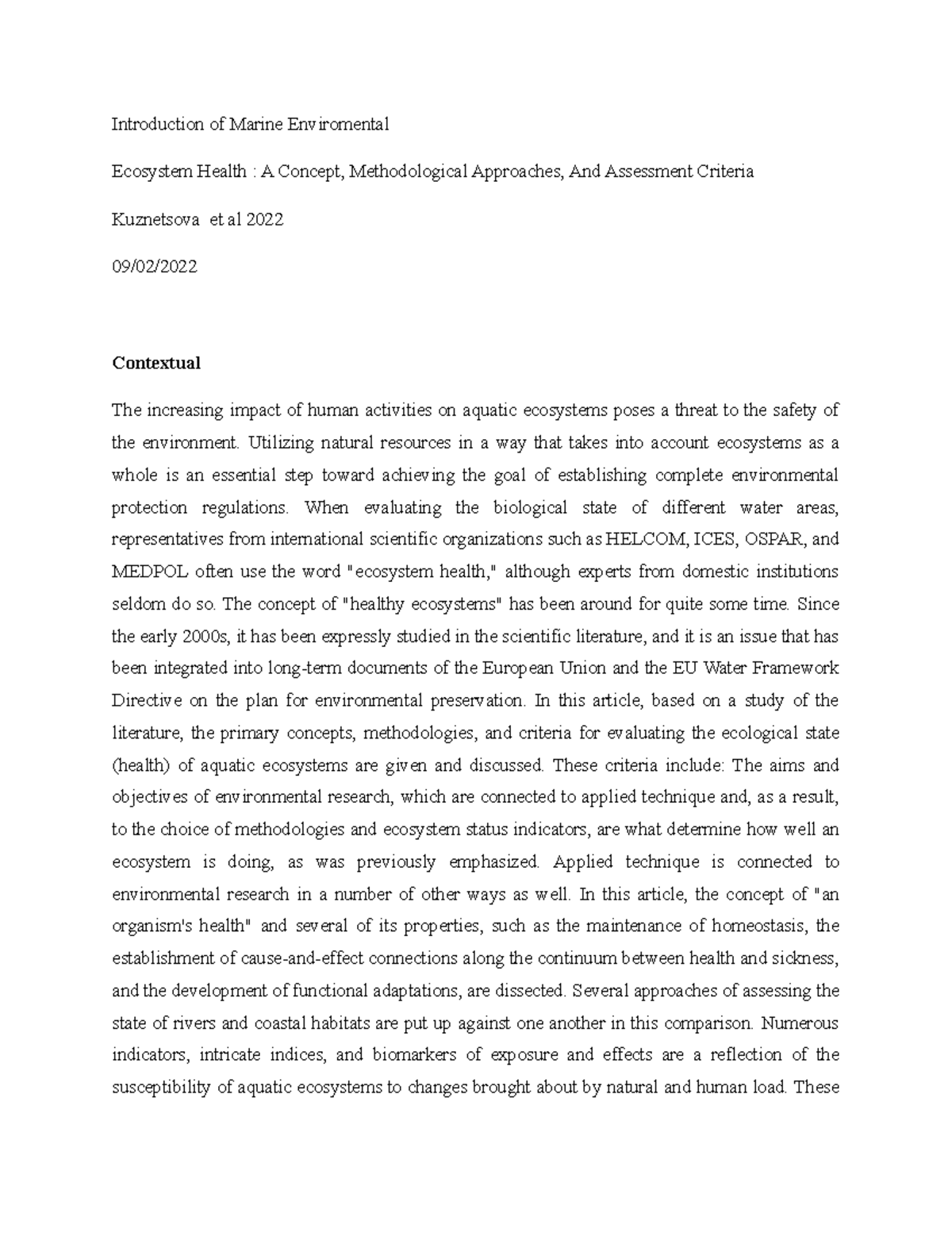 Summary Assignment - summarizing the journals. - Introduction of Marine ...