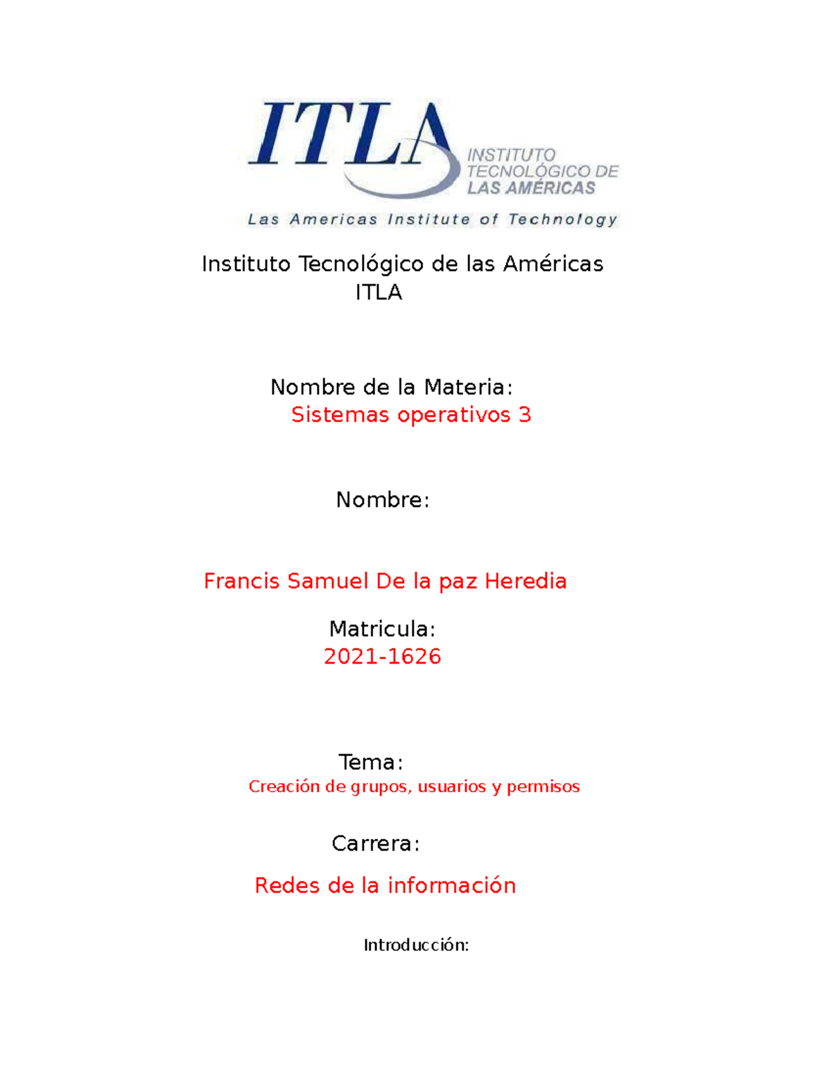 So3 tarea 2 - fhgd - Instituto Tecnológico de las Américas ITLA Nombre ...