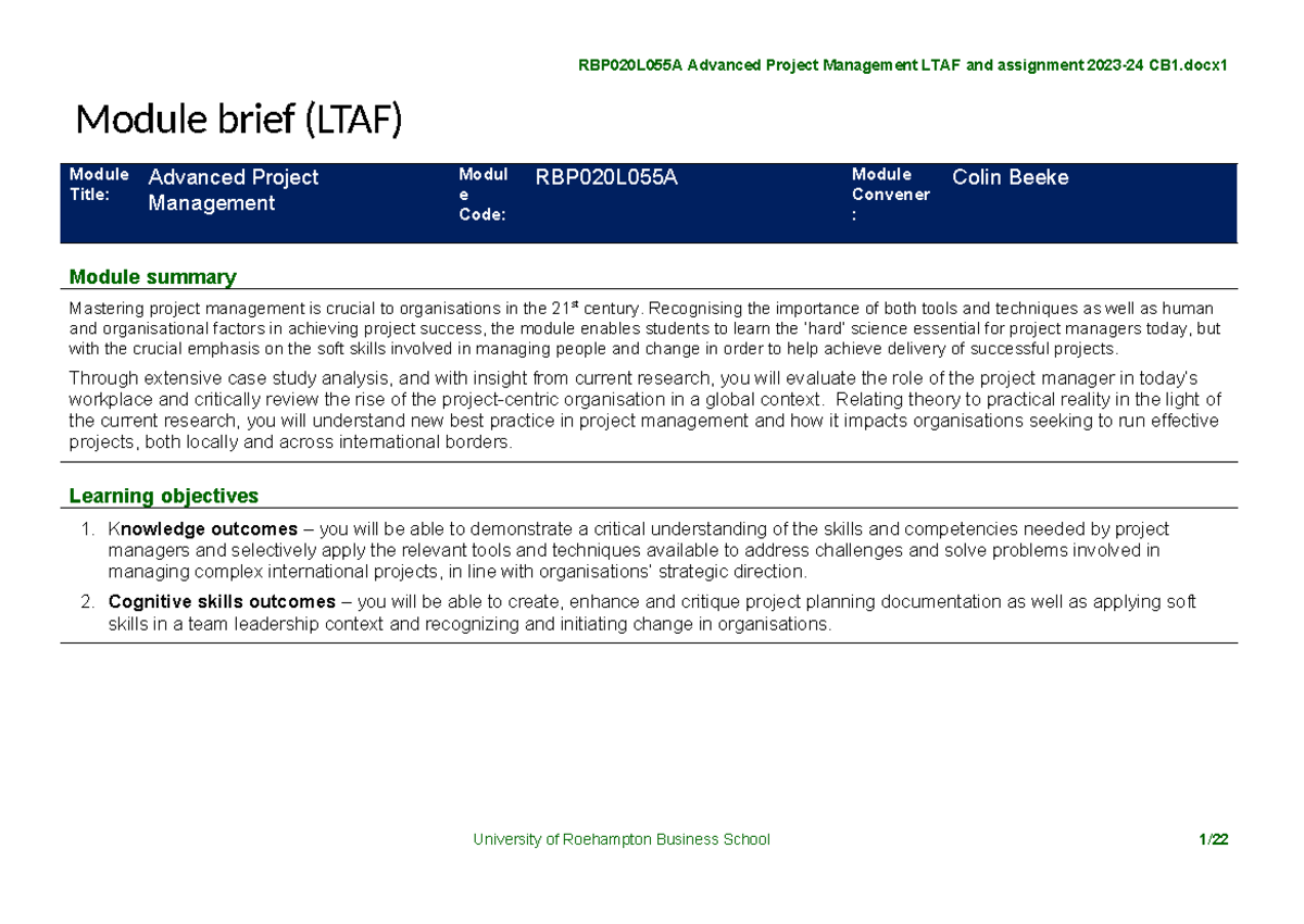 RBP020L055A Advanced Project Management LTAF and assignment 2023-24 CB1 ...