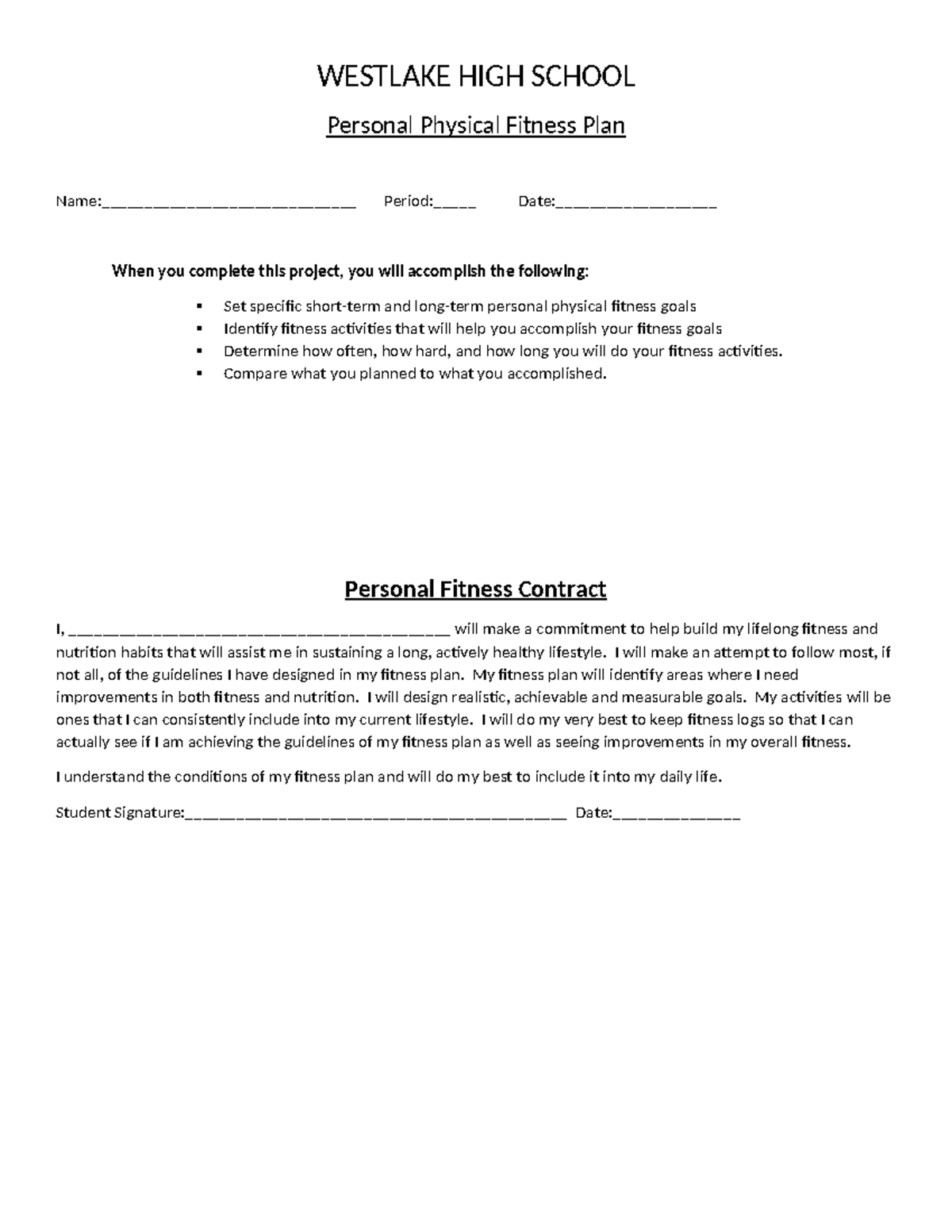 Fitness+Plan - Fitness Plan - WESTLAKE HIGH SCHOOL Personal Physical ...