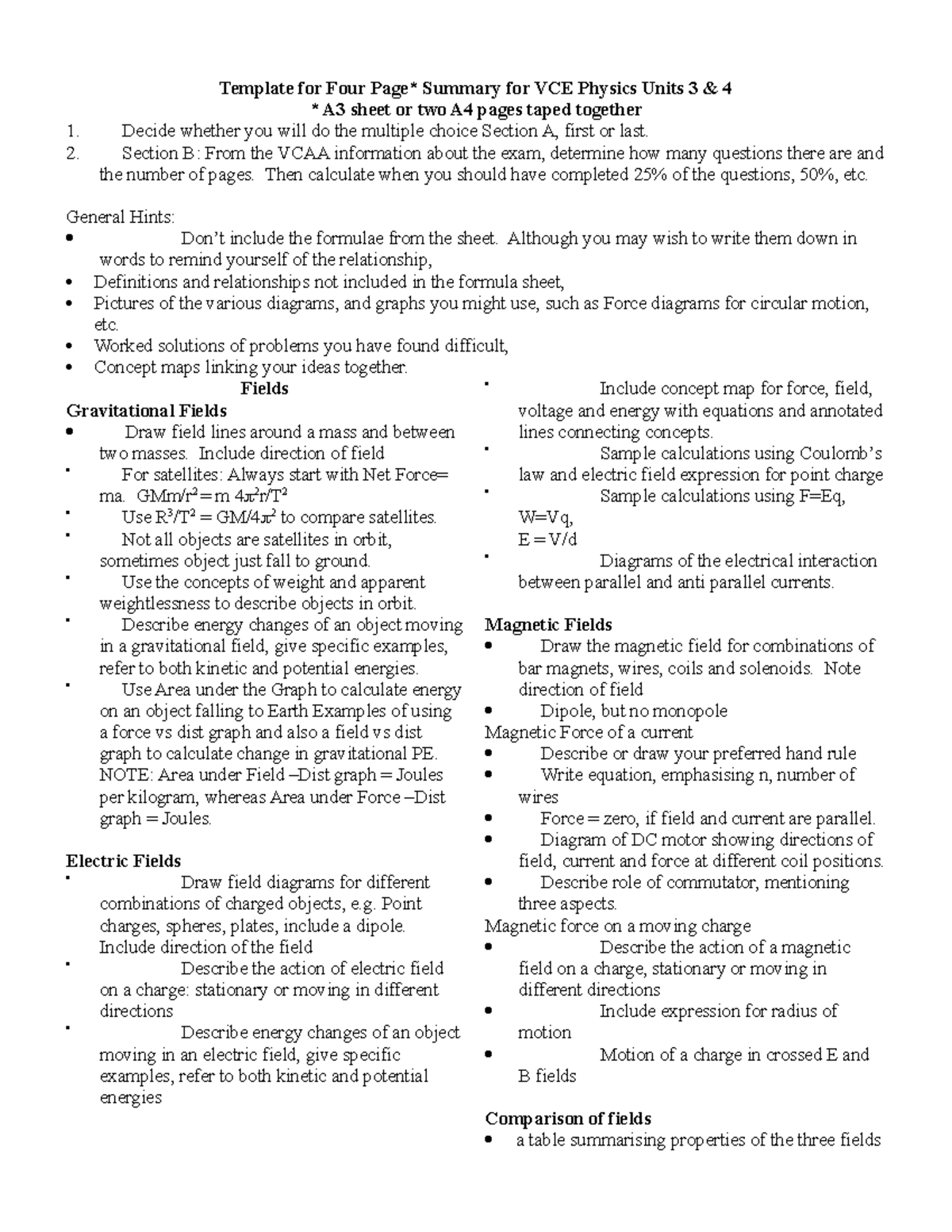 Four Page Summary - . . - Template for Four Page Summary for VCE ...