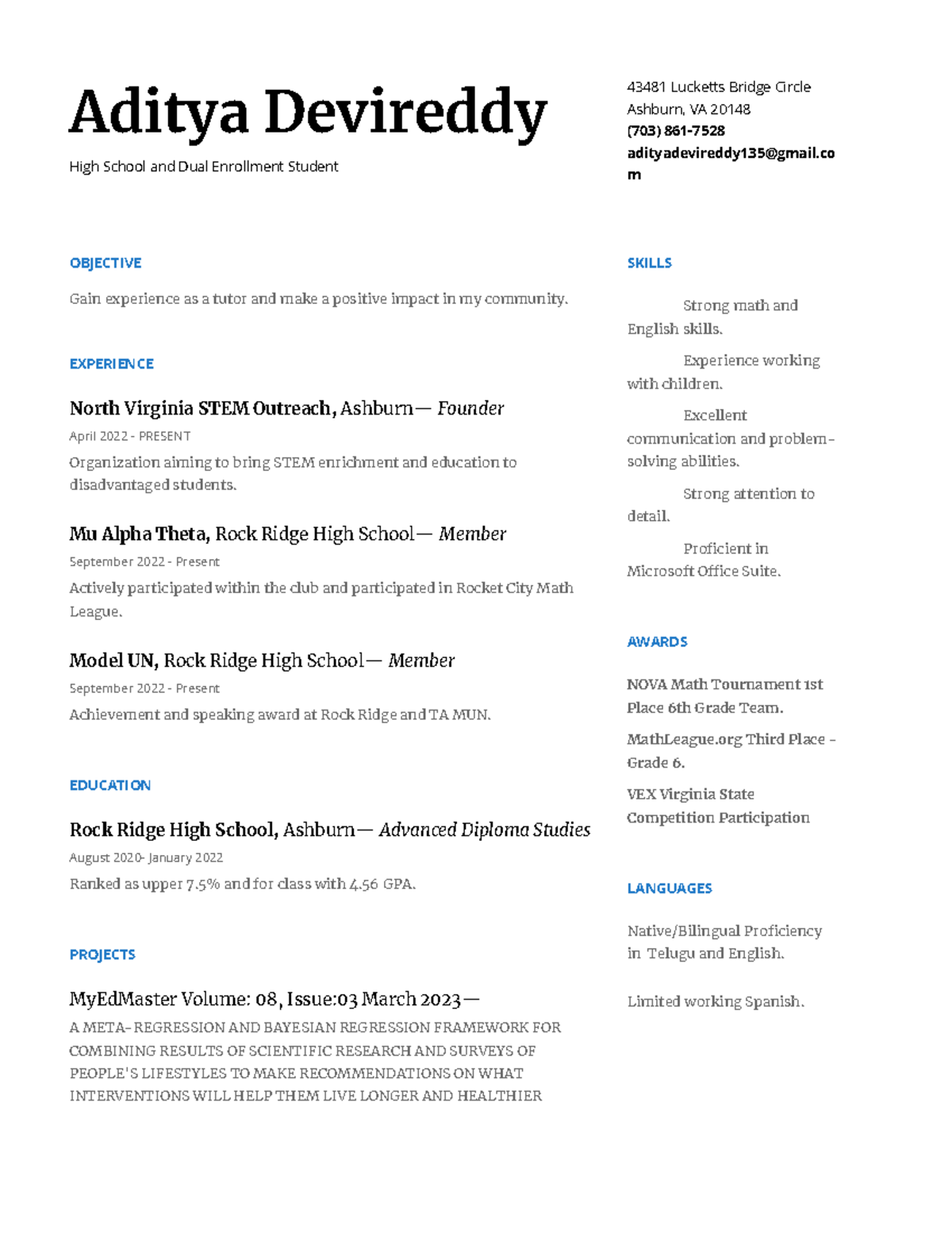 Resume for Kumon - dafds - Aditya Devireddy High School and Dual ...