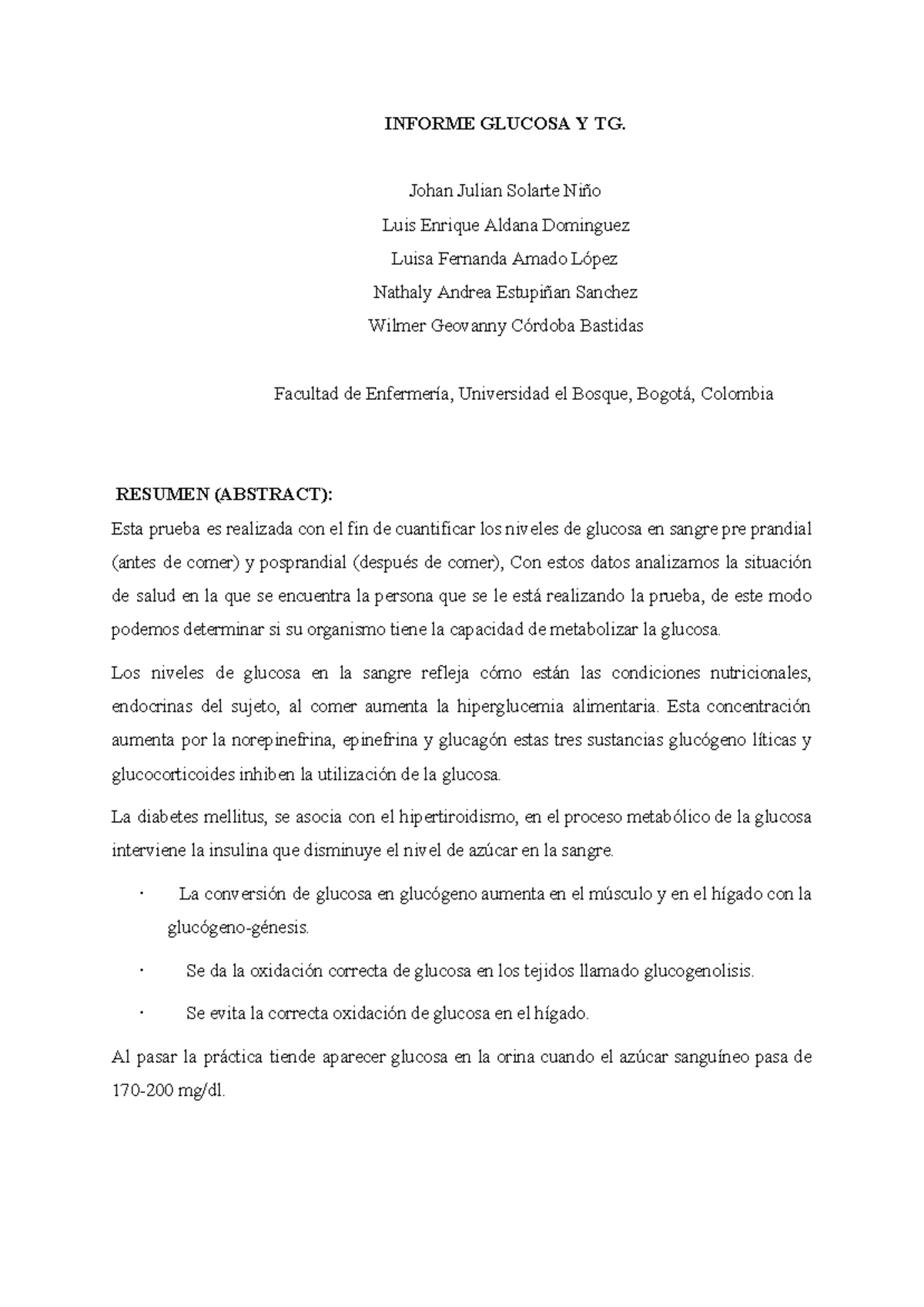 Informe Glucosa Y TG - Nota: 10 - INFORME GLUCOSA Y TG. Johan Julian ...
