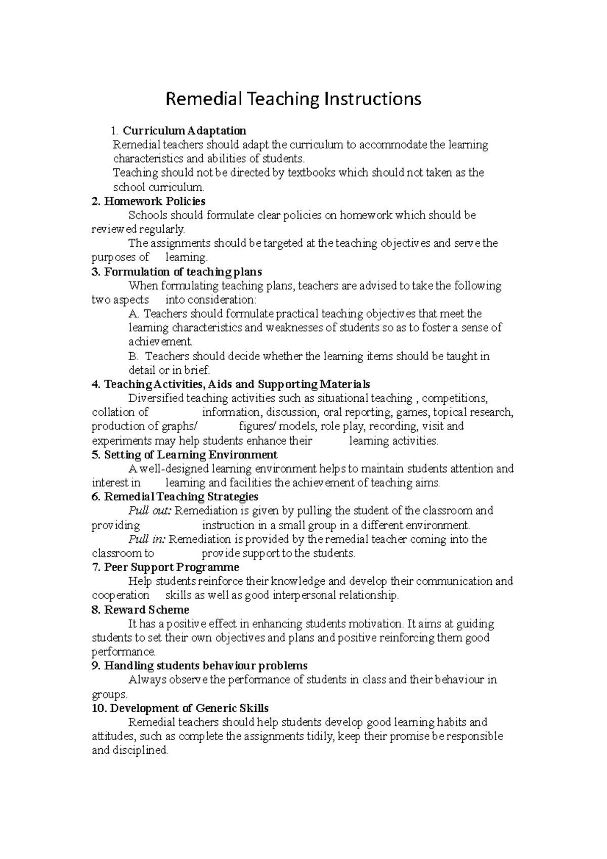 Remedial Teaching Instructions - Curriculum Adaptation Remedial ...
