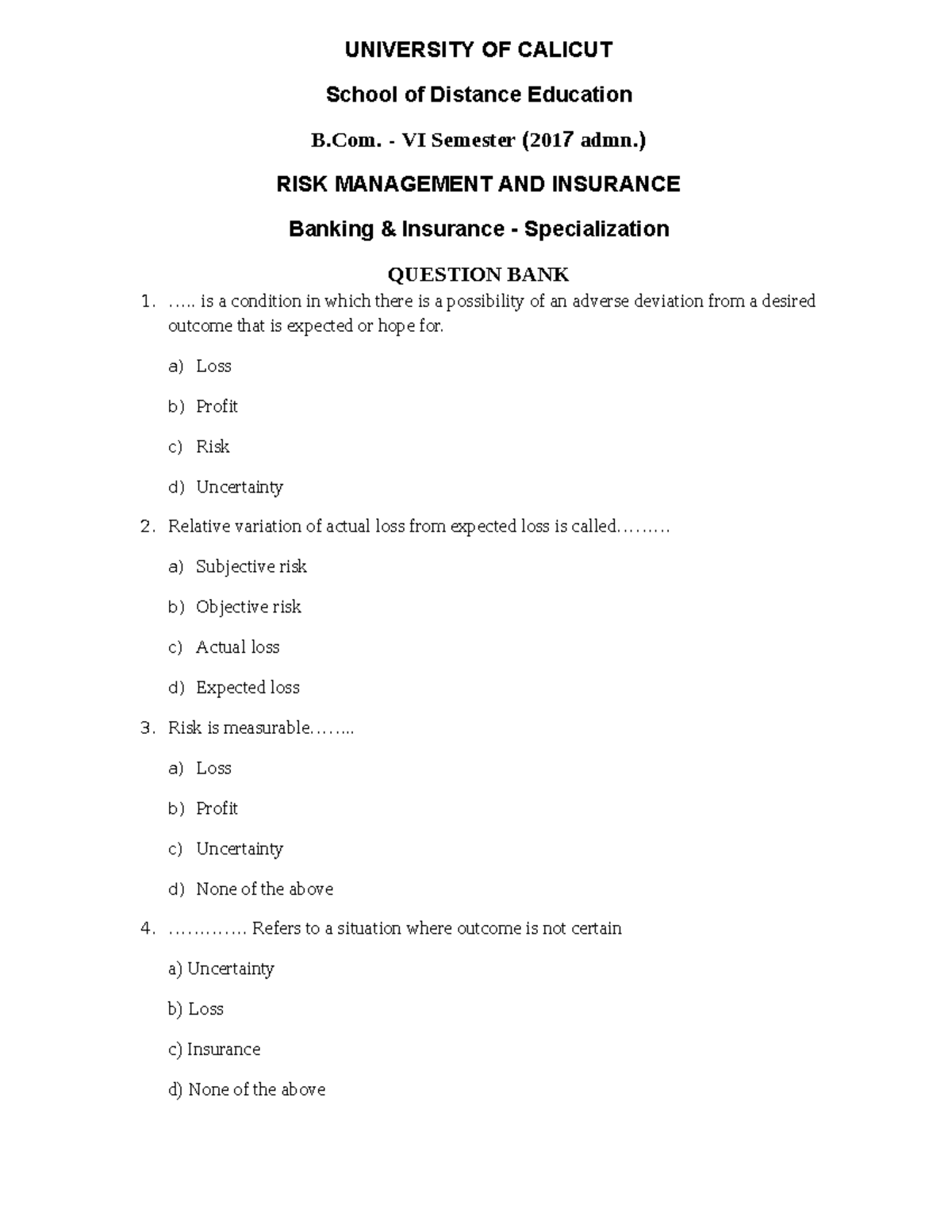 Risk Management & Insurance 6th semester b.com - Ba /BBA/BCom calicut ...