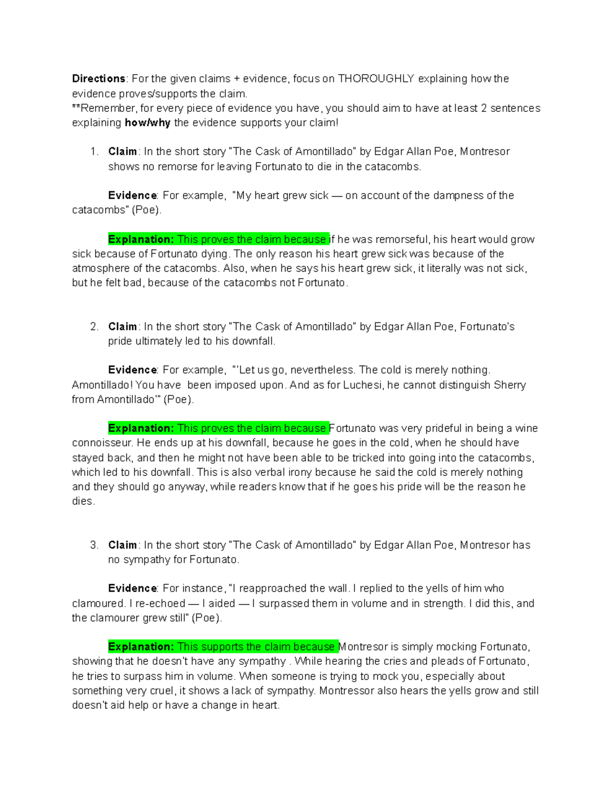 Explaining evidence - Directions: For the given claims + evidence ...