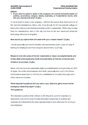 Glindro Org Comm EA2 - assignment - GLINDRO, PATRICIA MARIEL O. ORGANIZATIONAL COMMUNICATION 4A ...
