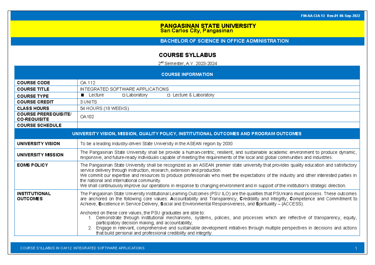 OA112b Integrated Software Applications F2F - COURSE SYLLABUS IN OA112 ...