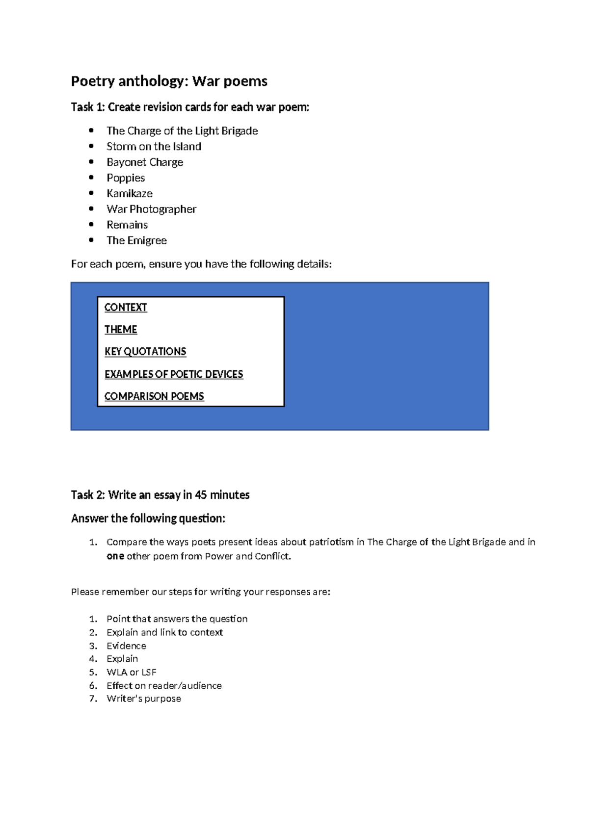 Poetry anthology homework 10 - Poetry anthology: War poems Task 1 ...