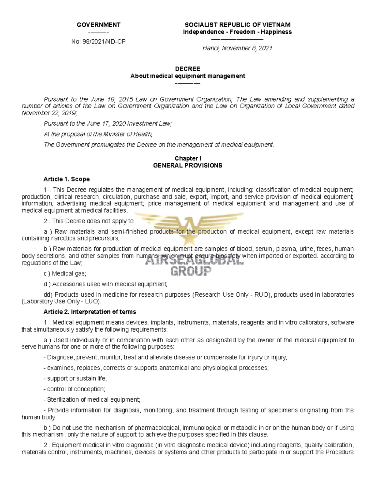 Decree 98 2021 1 - NGHỊ ĐỊNH 98 2021 DANG KY TBYT - GOVERNMENT No: 98 ...