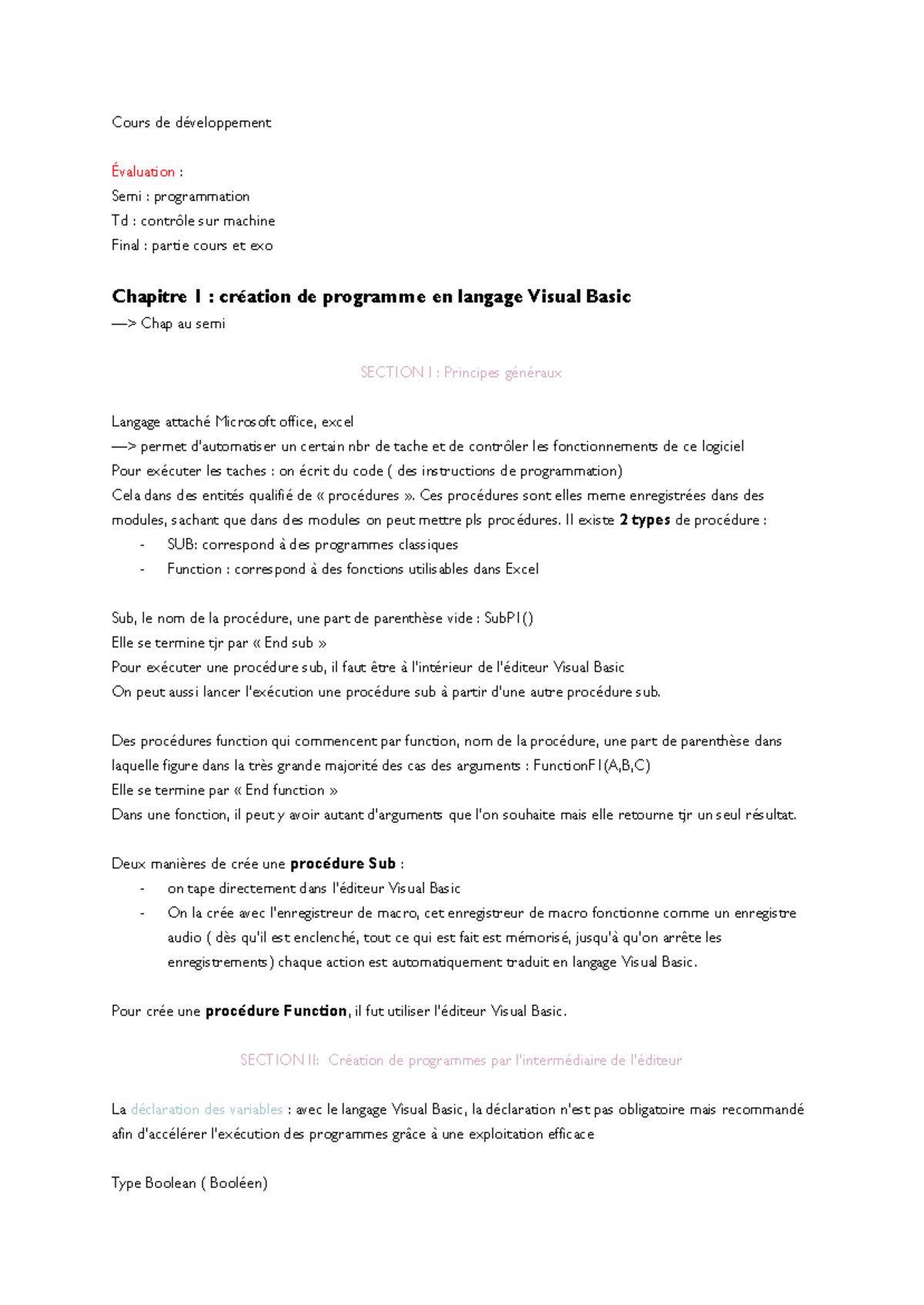 Culture numérique S4 Visual Basic - Cours de développement Évaluation : Semi : programmation Td ...