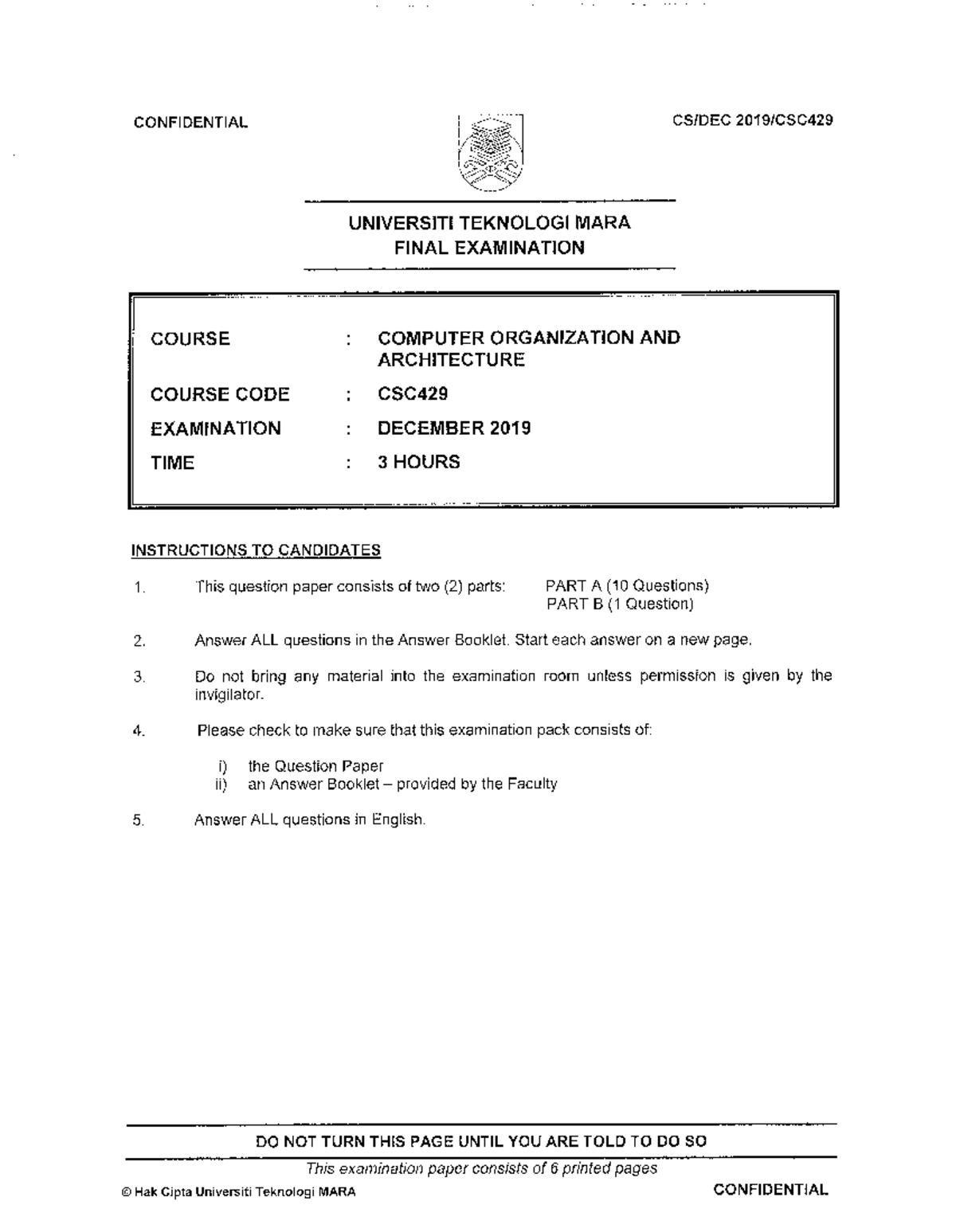 CSC429 PYQ DEC 2019 - CONFIDENTIAL UNIVERSITITEKNOLOGIMARA FINALEXAMINATION CS/DEC2019/CSC ...