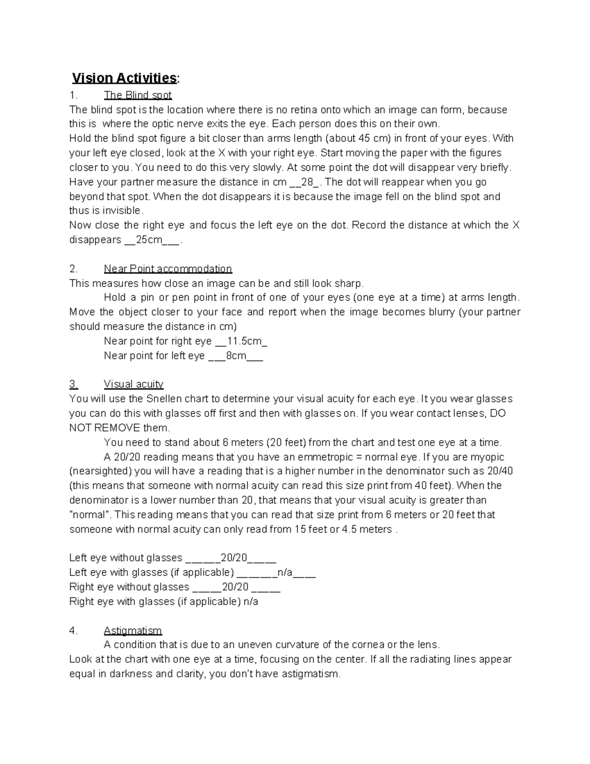 Physio special senses hw - Vision Activities : The Blind spot The blind ...