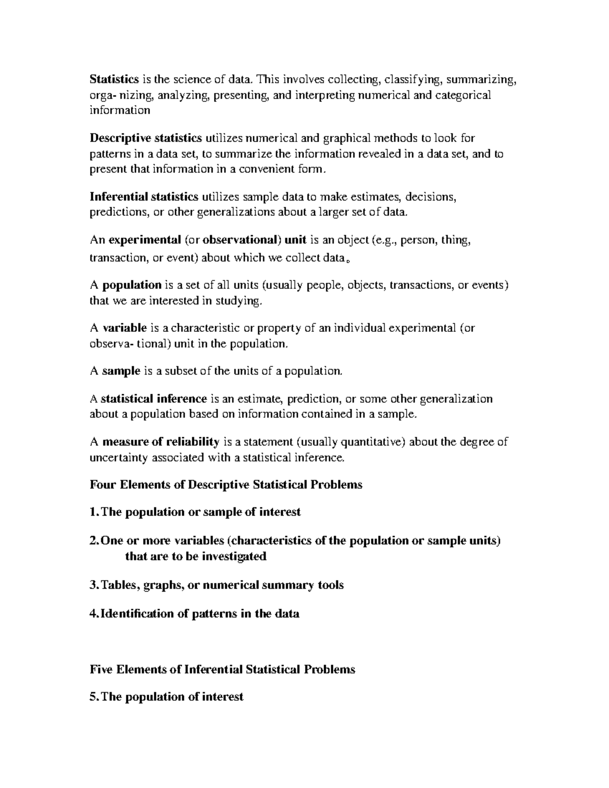 Statistics is the science of data - This involves collecting ...