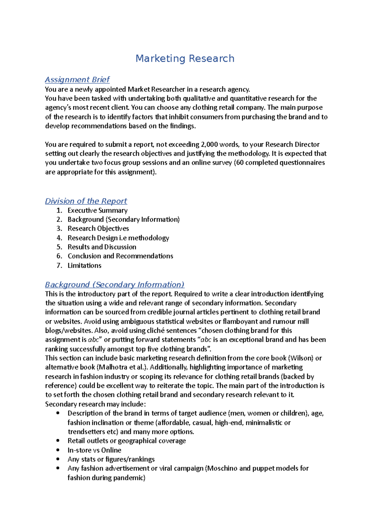 MR Introduction - Notes - Marketing Research Assignment Brief You are a ...