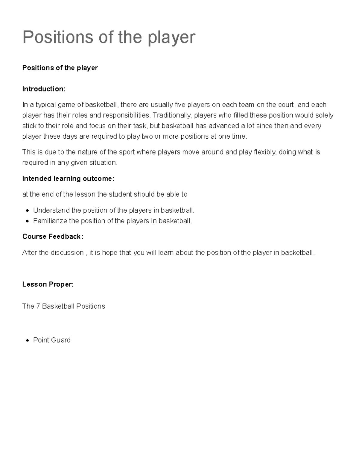 Positions of the player PE 202- Physical Education 4-converted ...
