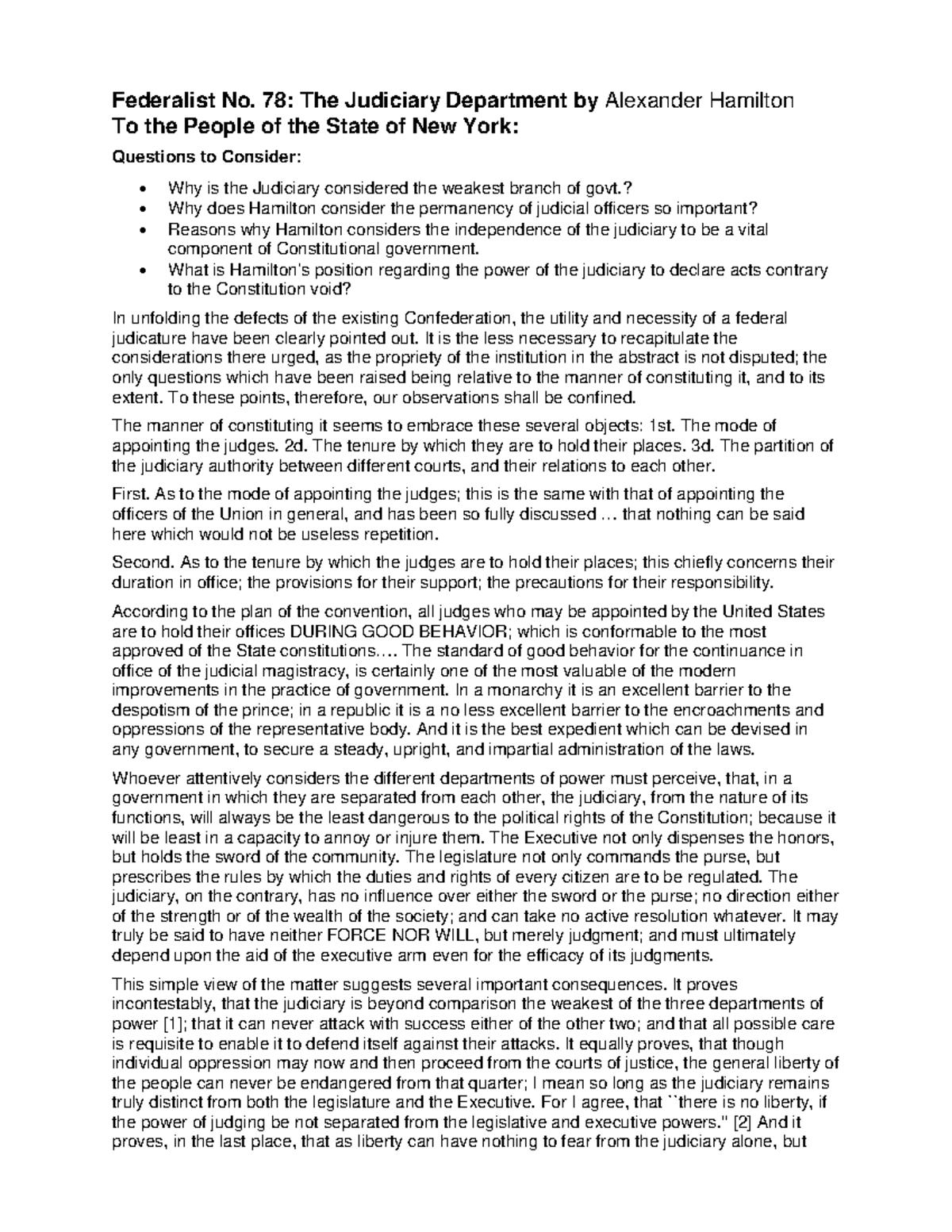 Fed78 - Practice - Federalist No. 78: The Judiciary Department by ...