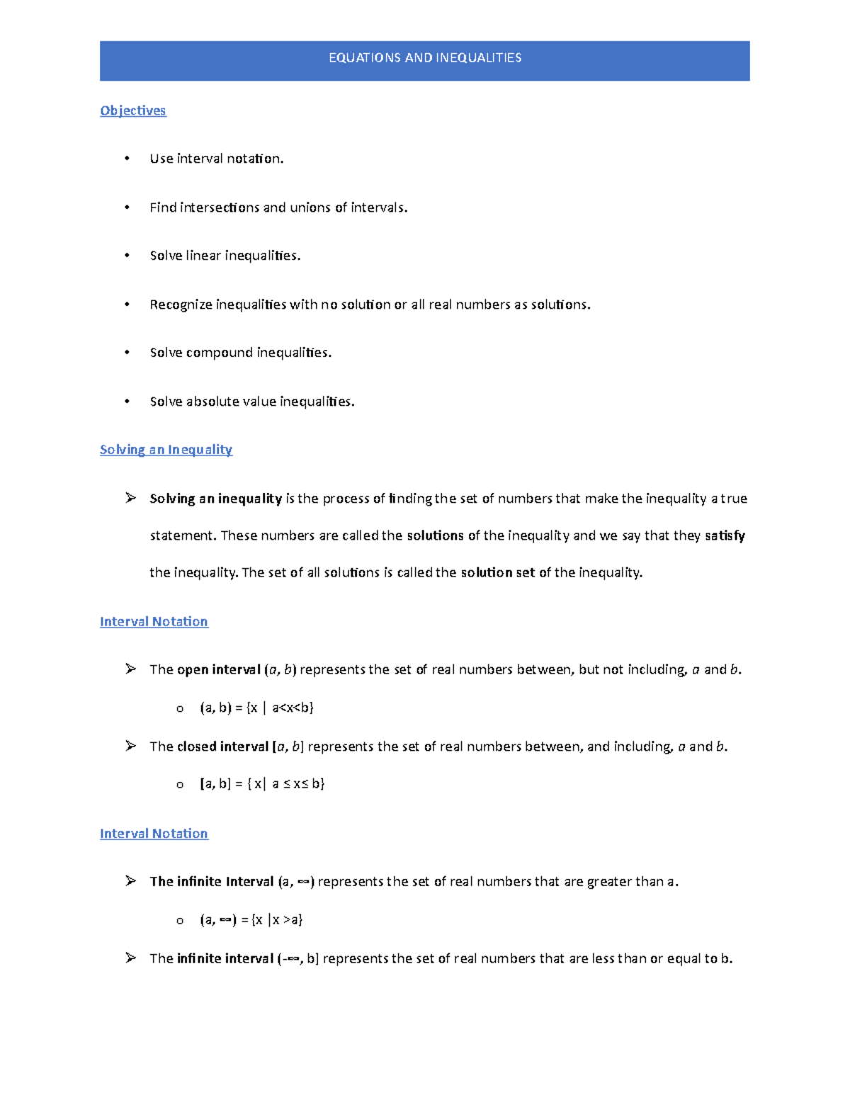 Equations and Inequalities - Objectives - Use interval notation. - Find ...